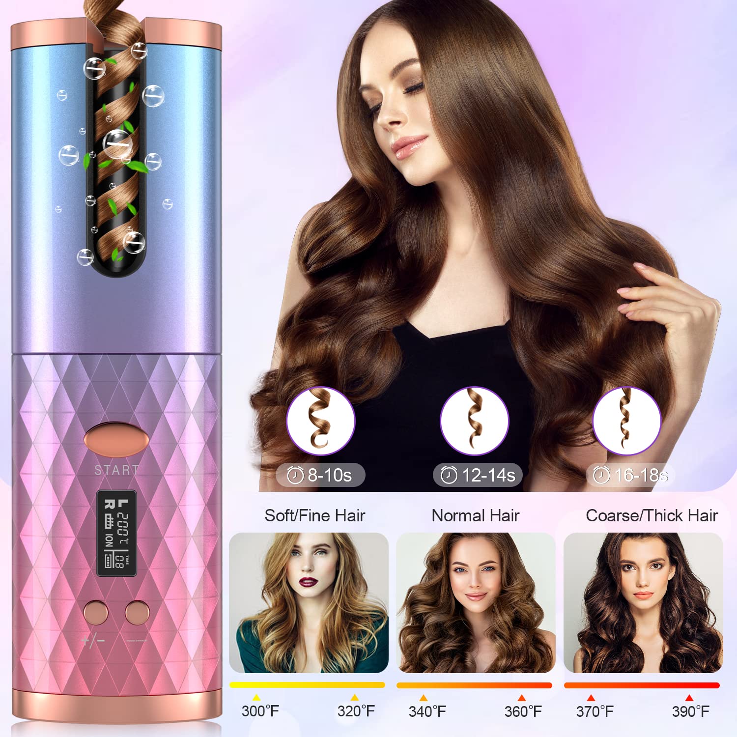 Automatic Curling Iron, Cordless Auto Hair Curler w/ 6 Temp & Timer, Rechargeable Ceramic Hair Curlers, Portable Rotating Curling Wand Styling Tool, Fast-Heating, Auto Shut Off