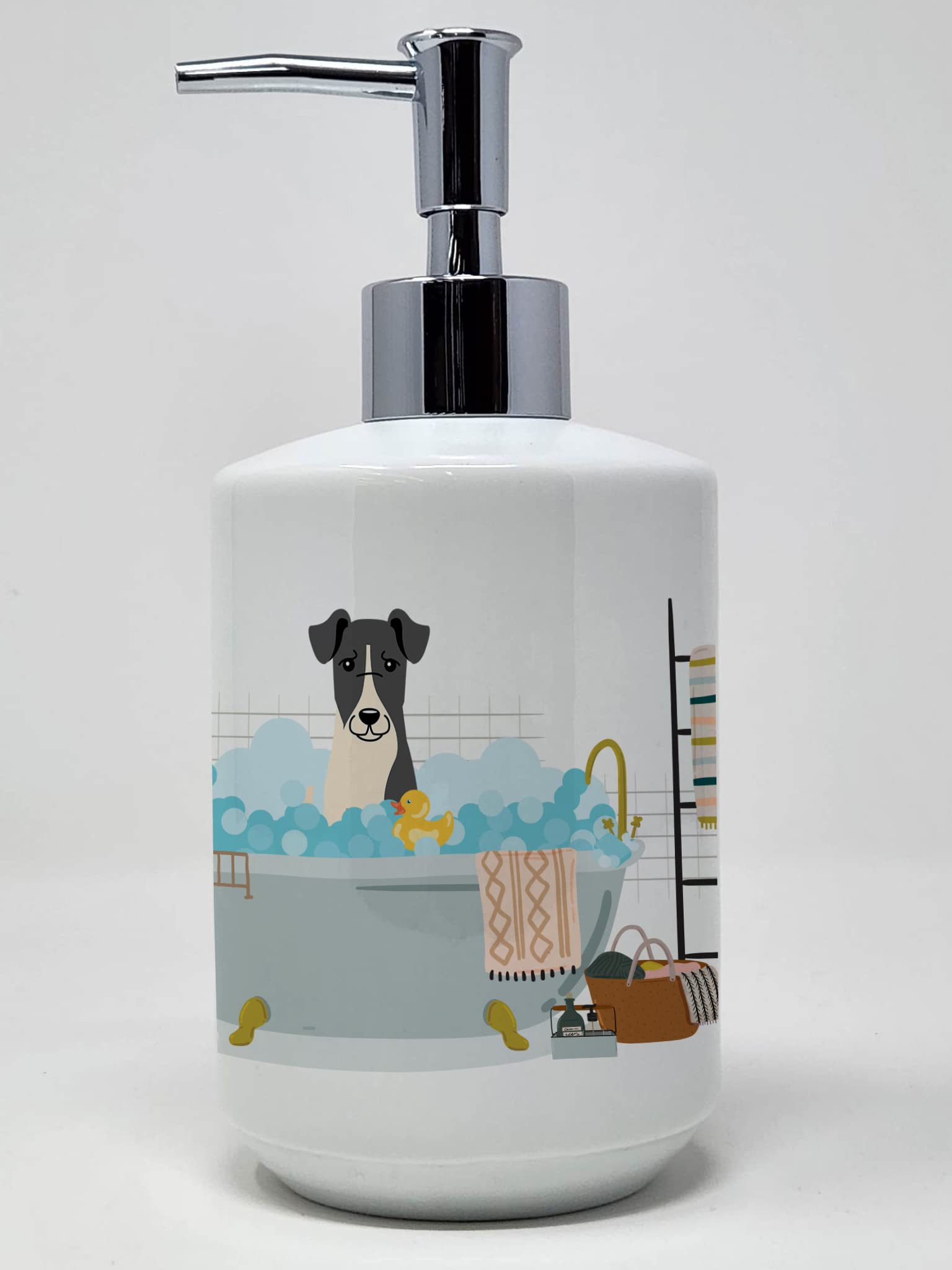 Caroline's Treasures WDK5795SOAP Smooth Fox Terrier in Bathtub Ceramic Soap Dispenser Hand Soap Dispenser Pump Bottles for Bathroom Kitchen, Empty Refillable Liquid Soap Container