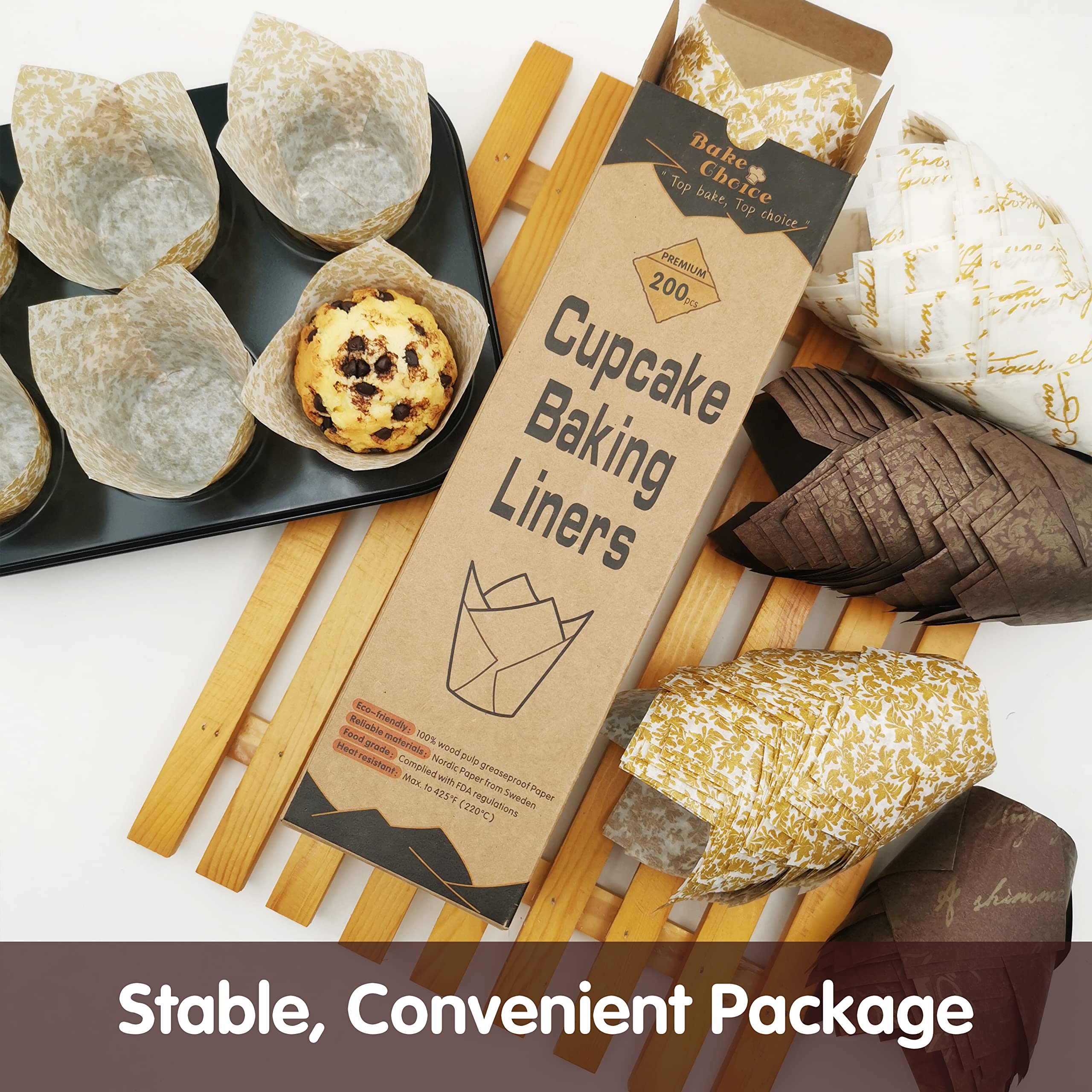 Bake Choice Nordic Paper 200pcs Tulip Cupcake Liners for baking cups with Fancy White design with Gold leaves EU Parchment paper Tulip Muffin liners, Cupcake Wrappers for Party, Wedding, Birthday