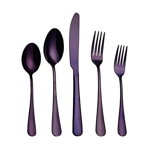 Flatware Set for 1, 5-Piece, Stainless Steel Silverware Cutlery Tableware Include Knife/Fork/Spoon by IRONX (purple-18/0-5p)