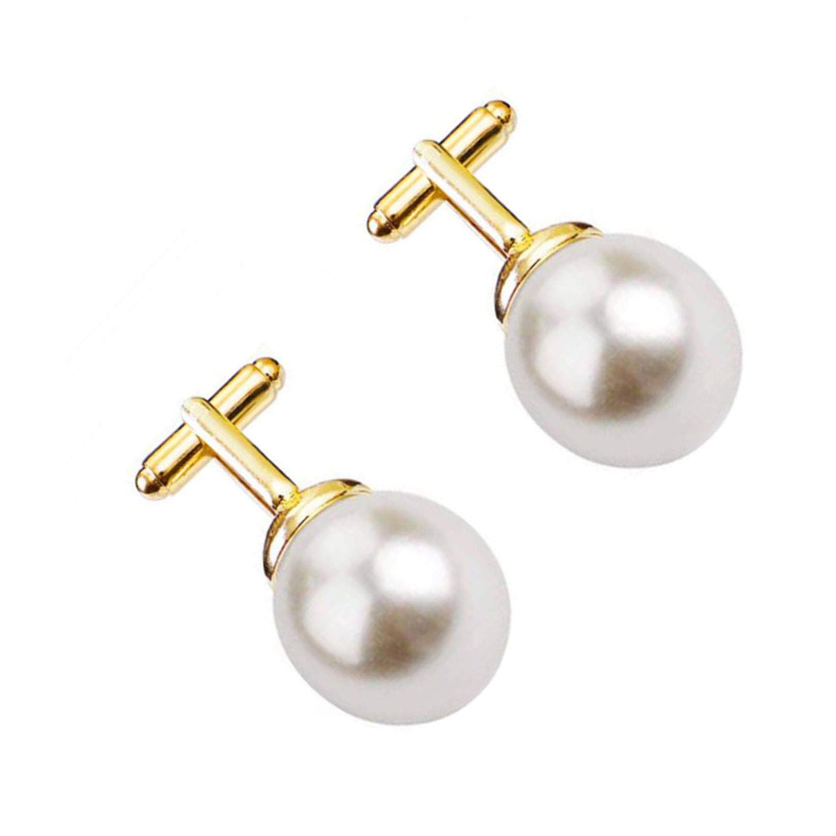 Atmneris Woman Men's Simulated Pearl Cufflinks and Studs for Shirts Business Wedding Formal Suit Cuff Link,gold