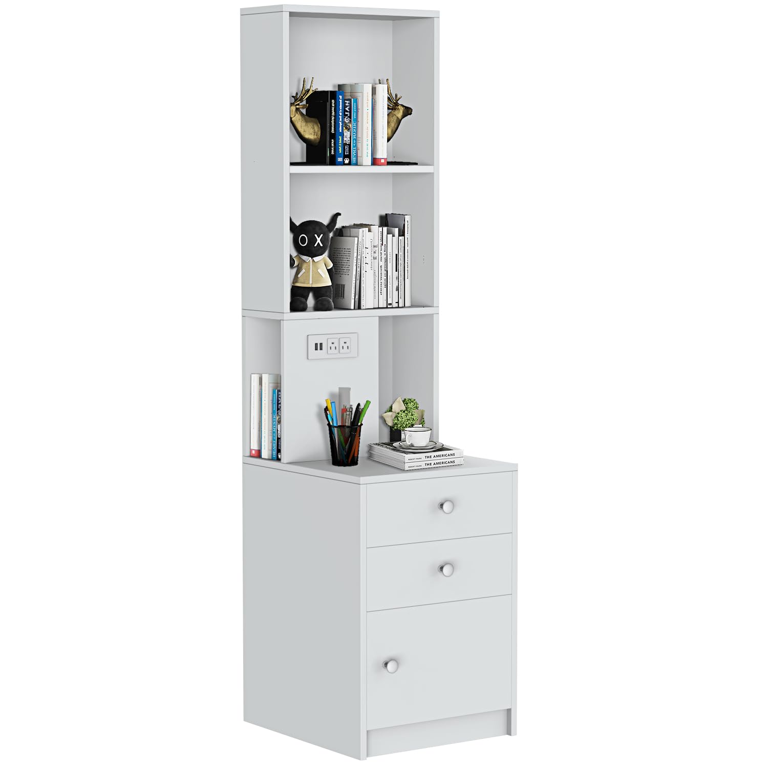 CATMANOR White Nightstand with Charging Station, Bed Side Table/Night Stand with Drawers, Bedside Table with Open Shelf Storage, Tall End Table for Bedroom Living Room 7R3