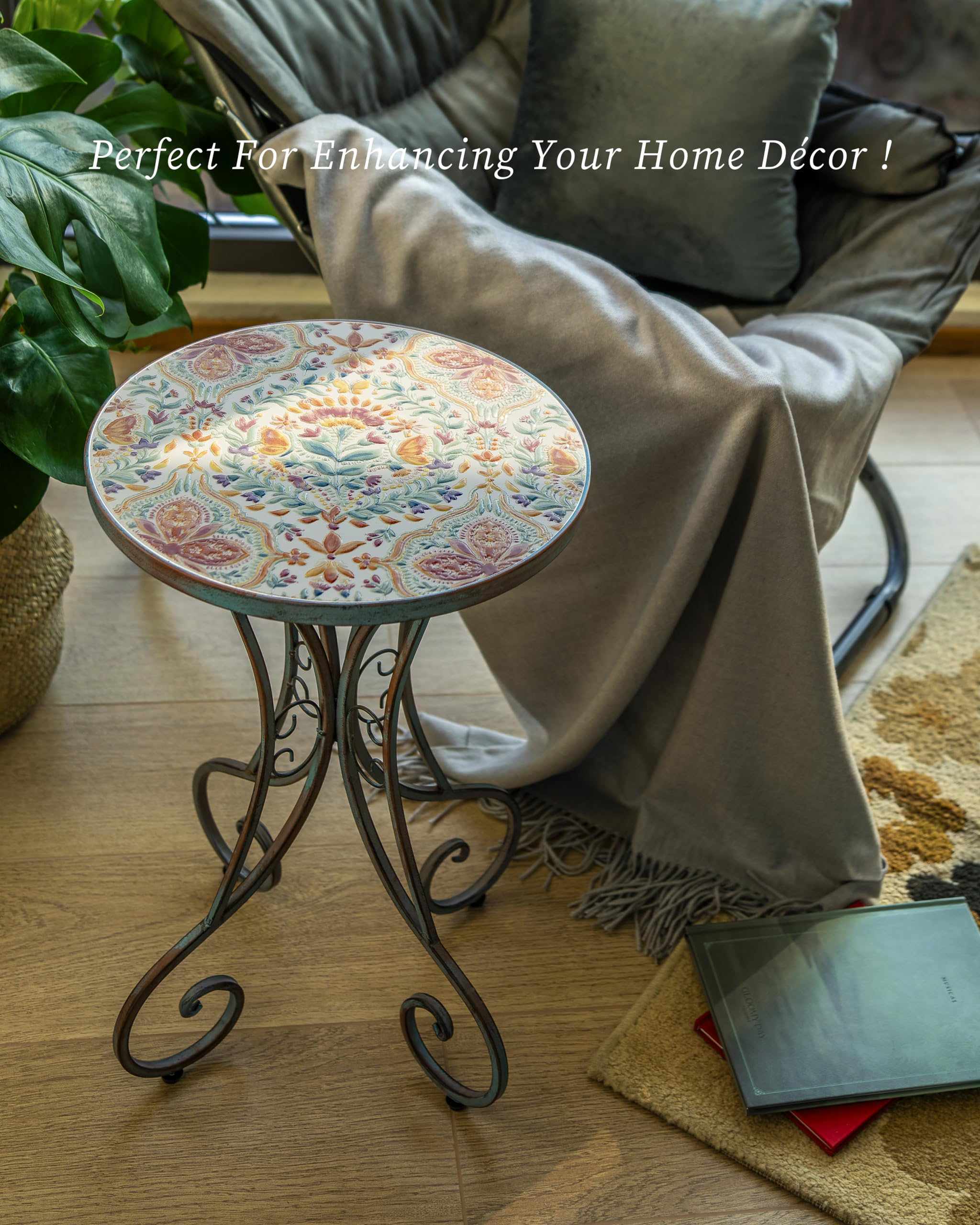 Frstem Mosaic Patio Table and Plant Stand, Outdoor Side Table for Patio with 14" Ceramic Tile Top, Weather Resistant Metal Round End Table Accent Table for Yard Porch Balcony Garden Bedside, Blossom