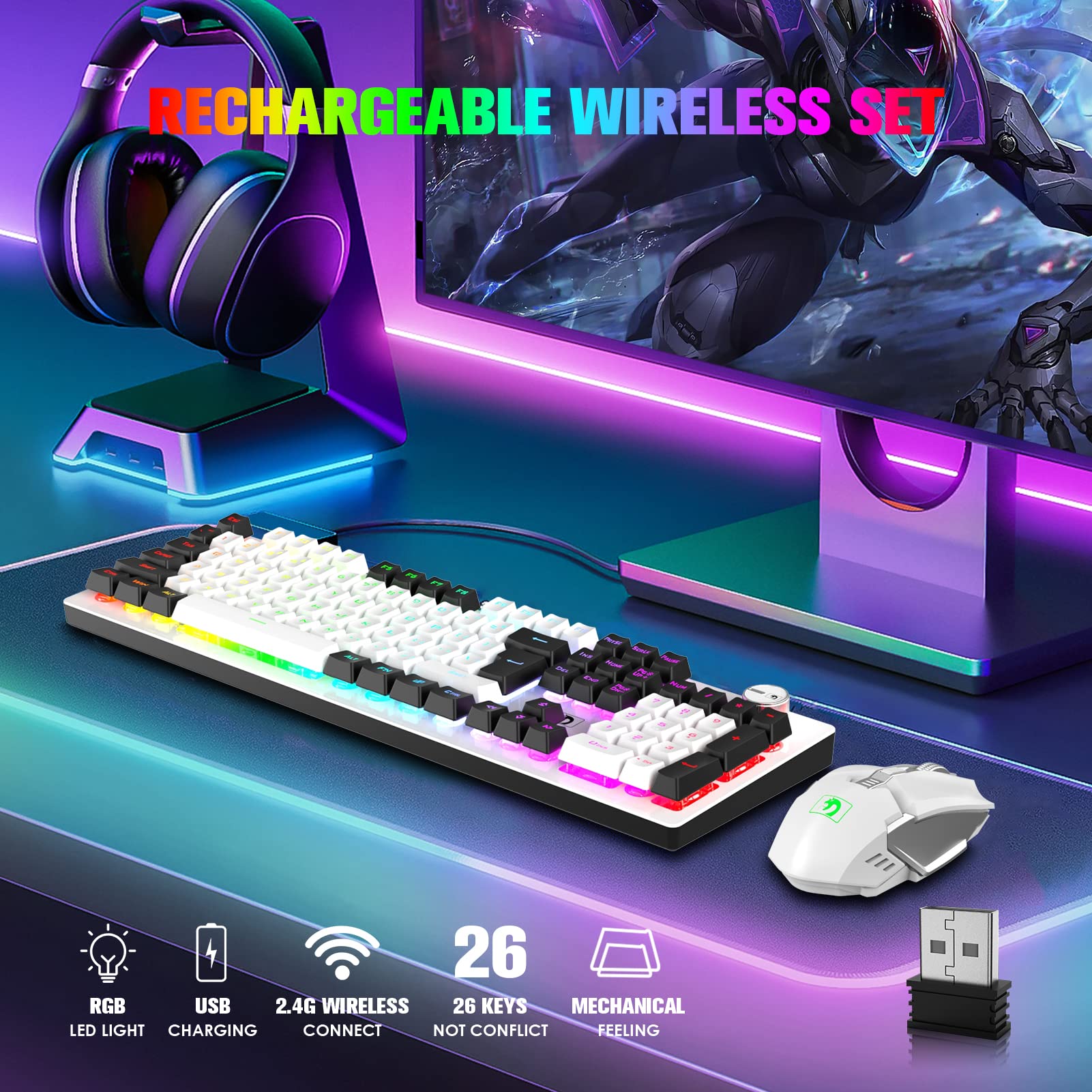 FELICON Rechargeable 2.4G Wireless Keyboard and Mouse Combo Suspended Keycap Mechanical Feel Backlit Gaming Keyboard & Mouse Adjustable Breathing Lamp for Laptop Computer and Mac