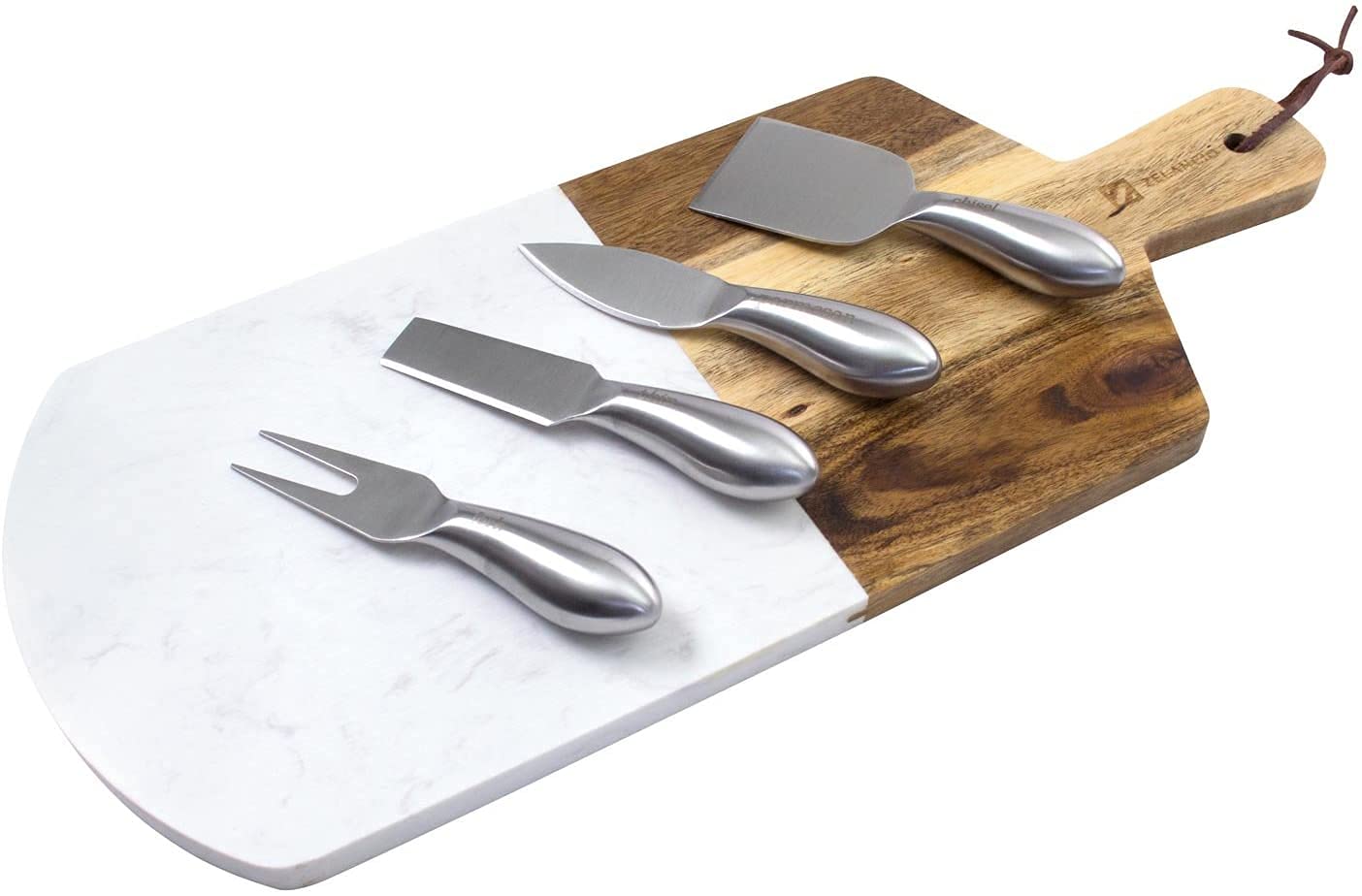 Zelancio Marble and Acacia Wooden Serving Cheese Board, 6 Piece Set Includes Stainless Steel Cheese Tools, Serving Paddle, Wood Cheese Knife Holder with Integrated Magnets