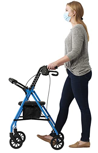 Medline Mobility Lightweight Folding Steel Rollator Walker with 6-inch Wheels, Adjustable Seat and Arms, Light Blue