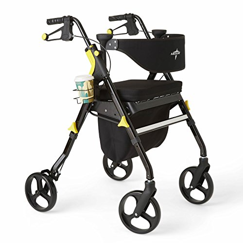 Medline Premium Empower Rollator Walker with Seat, Folding Rolling Walker with 8-inch Wheels, Black, 1 Count (Pack of 1)