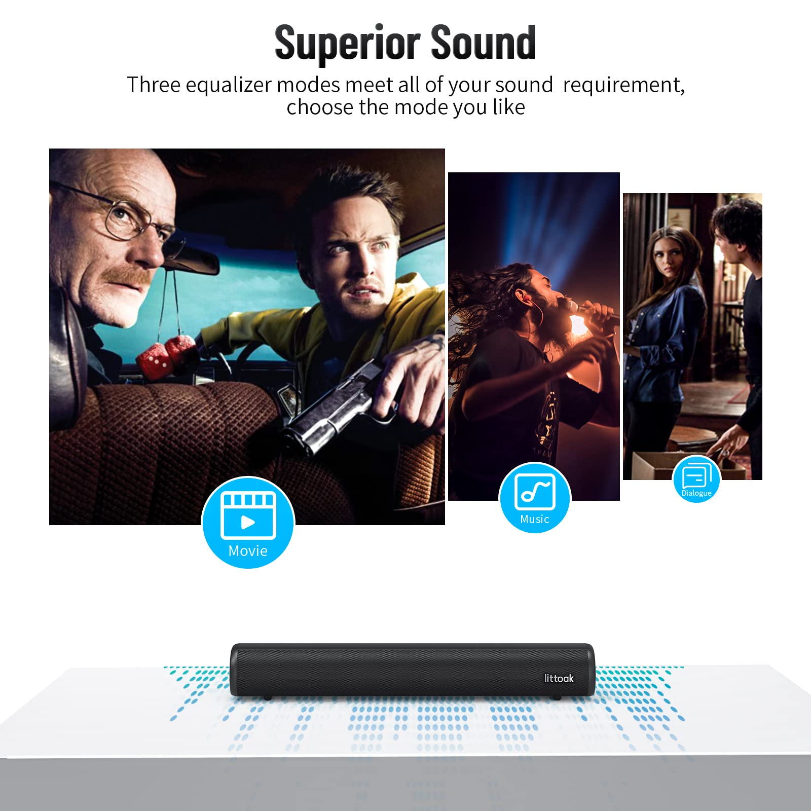 littoak Small Sound Bar for TV, Soundbar with Bluetooth 5.0/HDMI/Optical/USB/AUX/Coax Connection, 50 Watt 16 Inch Soundbars for Home Theater, Wall Mountable (SE04)