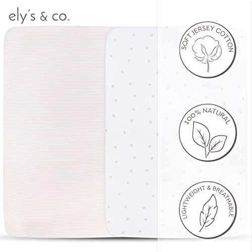Pack and Play Sheet 2 Pack - Pack and Play Sheets Fitted with 100% Jersey Cotton - Pack N Play Mattress Sheets for Boys and Girls, Newborn Essentials (Pink Tulips & Stripes)