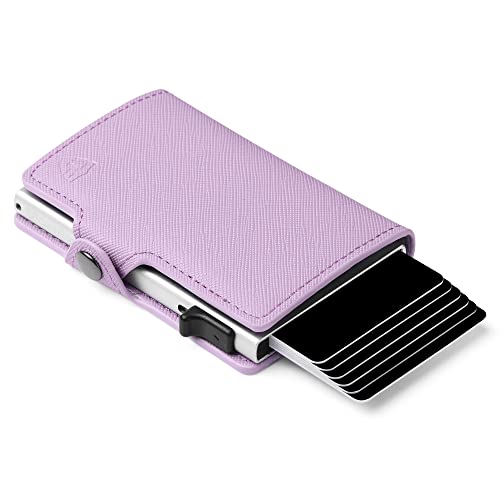 Card Blocr Womens Slim Wallet for Small Purses, Pop Up Wallet with Anti Theft RFID Blocking Credit Card Holder for Women in Soft Pink PU Saffiano Leather