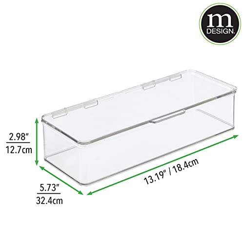 mDesign Long Plastic Home Office Storage Organizer Box Containers with Hinged Lid for Desktops - Holds Pens, Pencils, Sticky Notes, Highlighters, Staples, and Supplies - Clear