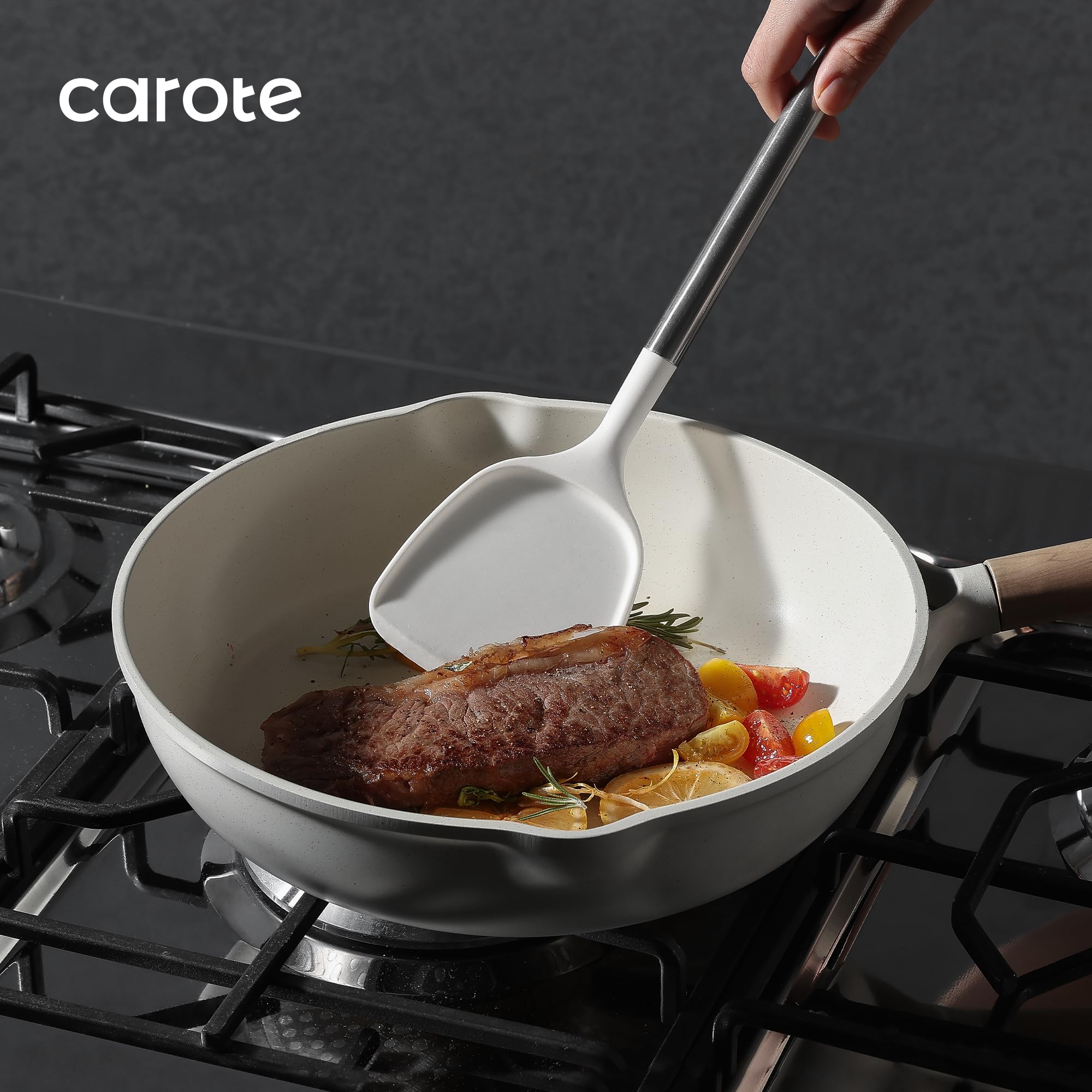 CAROTE 9PCS Kitchen Utensils Set, Silicone Kitchen Utensils Set with Stainless Steel Handle for Non-Stick Cookware Set, Dishwasher Safe, White
