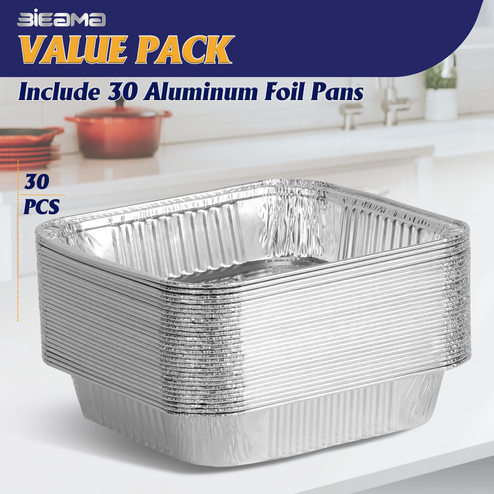 BIEAMA 30 Pack Aluminum Pans 8 x 8 Square Foil Pans Disposable Foil Pans Tin Tray for Baking, Cooking, Heating, Prepping Food