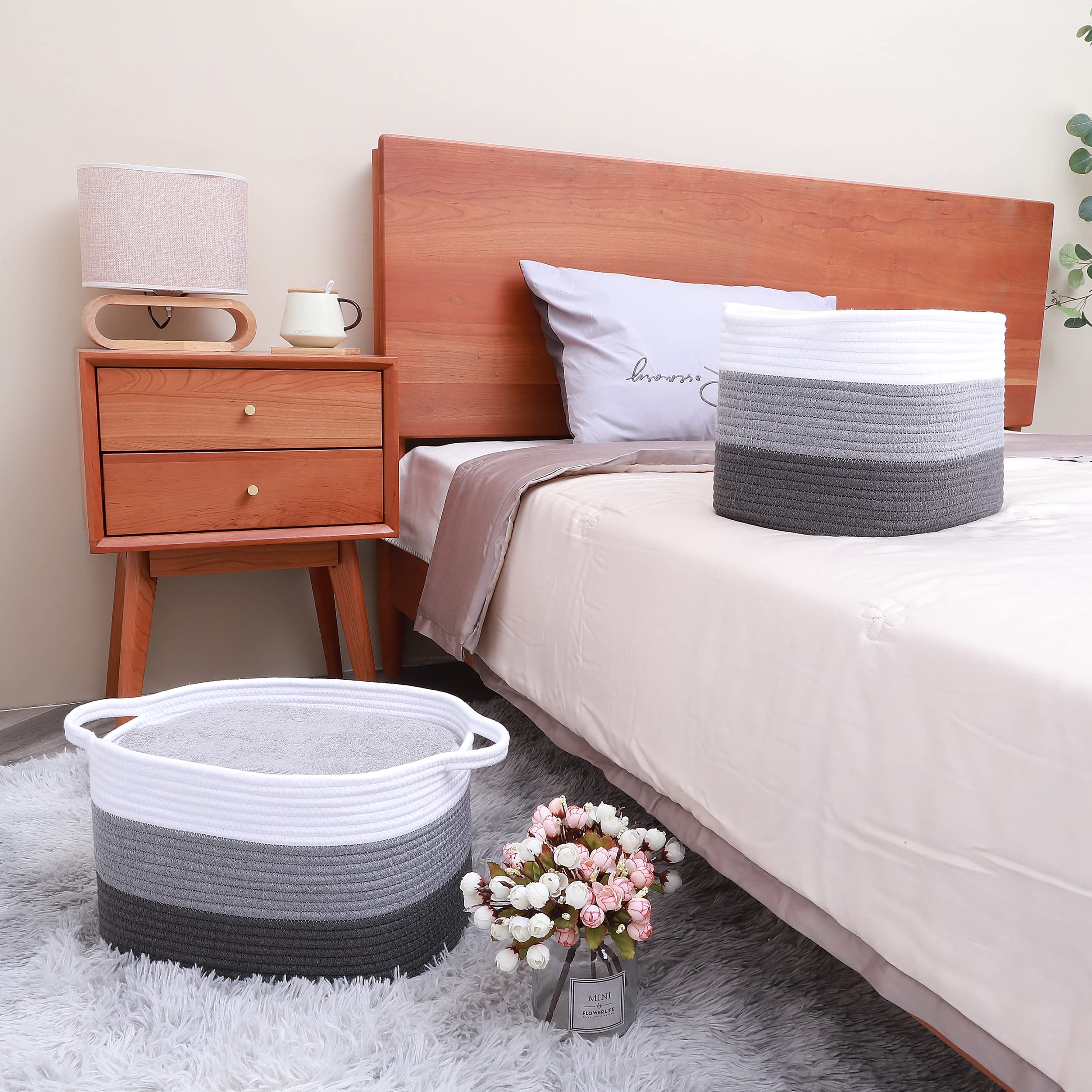 Bienvoun Cotton Rope Storage Baskets - 3 Packs Woven Storage Bins with Handle, Toy Storage Baskets, Blanket Baskets for Toy Storage, Blanket Storage, Book Storage(Dark Grey)