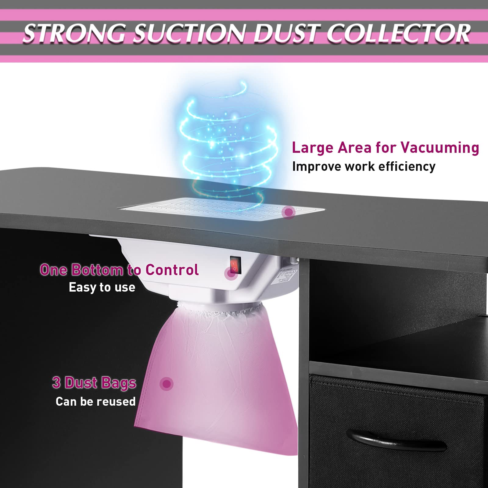 Artist hand Manicure Table, Nail Table, Nail Beauty Manicure Desk, Wrist Cushion, Lockable Wheels, Storage Drawers, Electric Downdraft Vent, White