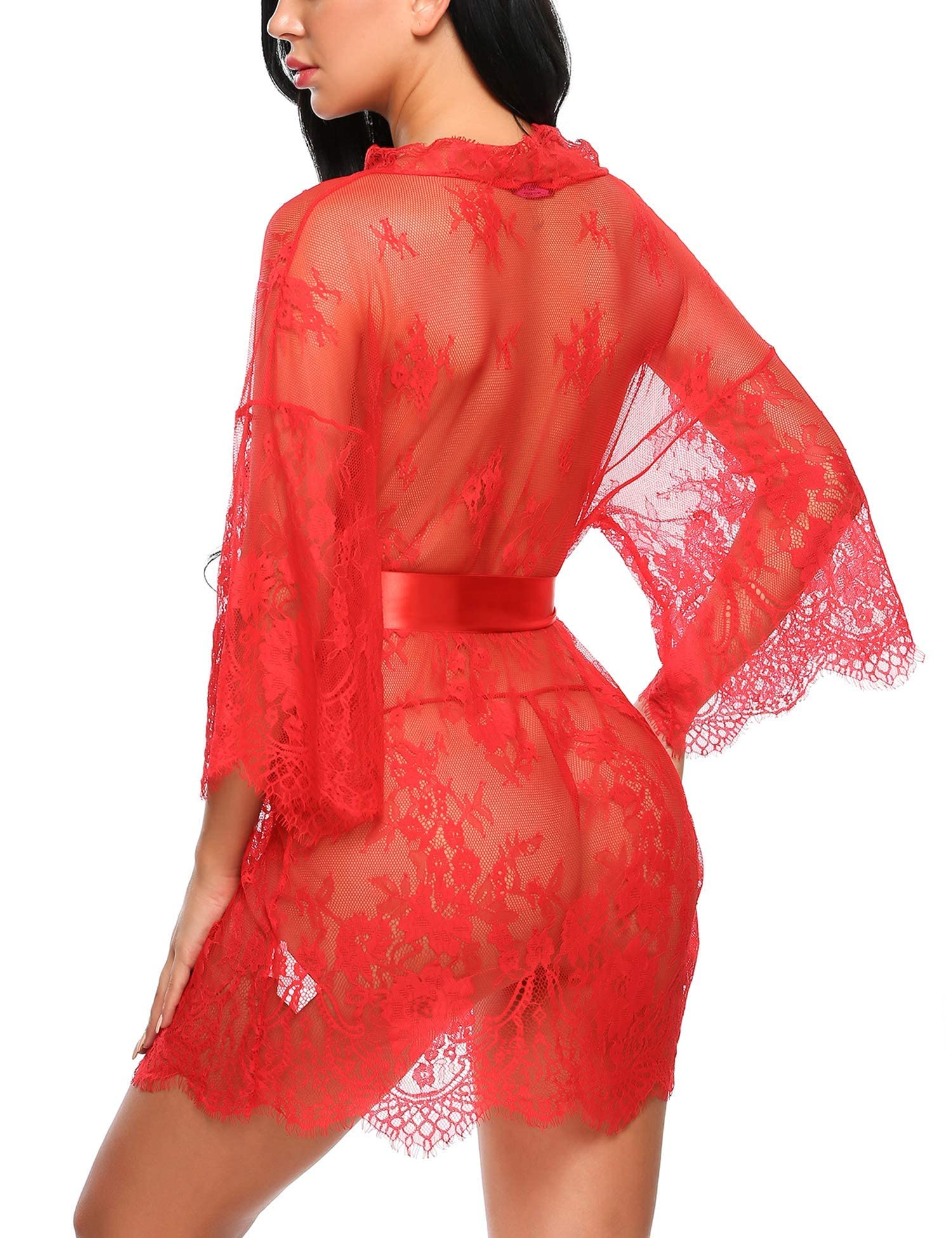 Avidlove red robe Women's Lace Kimono Robe Babydoll Lingerie Mesh Nightgown Red XL
