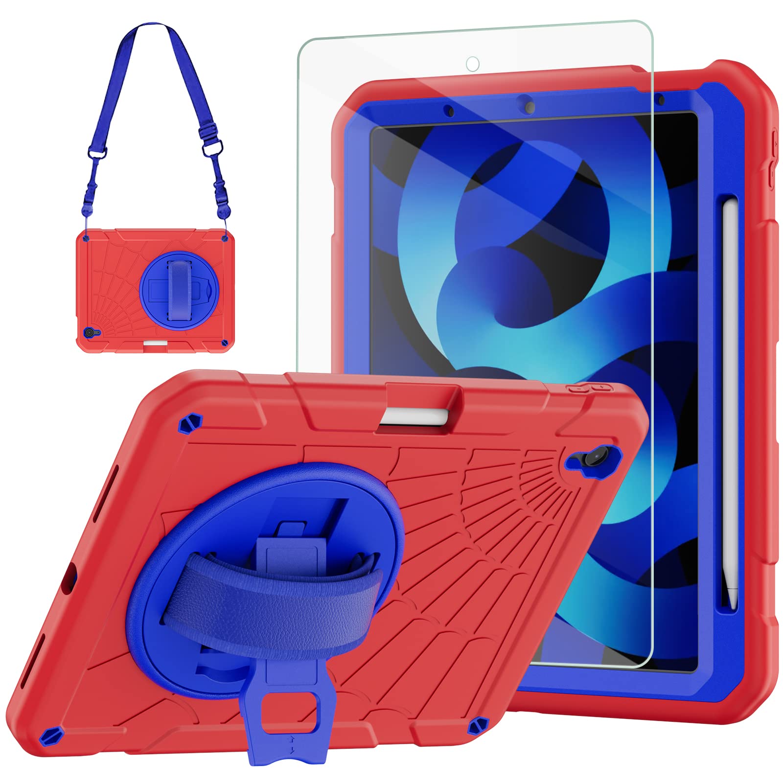 BLOSOMEET Case for iPad Air 5th/4th Generation 2022/2020 10.9" with Tempered Glass Screen Protector Pencil Holder, Protective Kids Case for iPad Air 5/Air 4 with Hand Shoulder Strap Stand,Red Blue