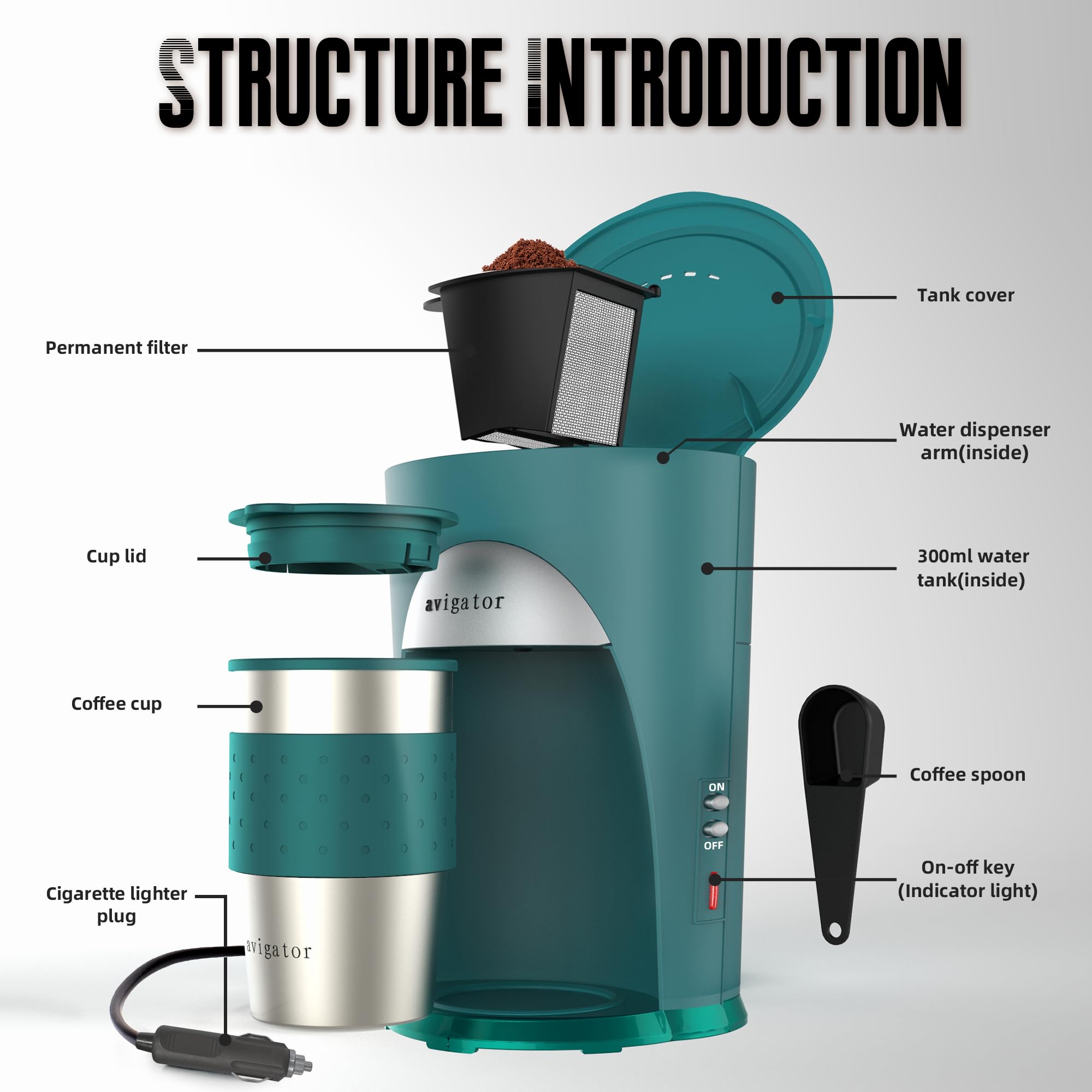 avigator Portable Coffee Maker, 12V Car Coffee Maker, Travel Coffee Machine Fits Car Cigarette Lighter Plug, with Fast Heating, Auto Shut Off, Ground Coffee Maker for Driving Camping&RV(Dark Green)