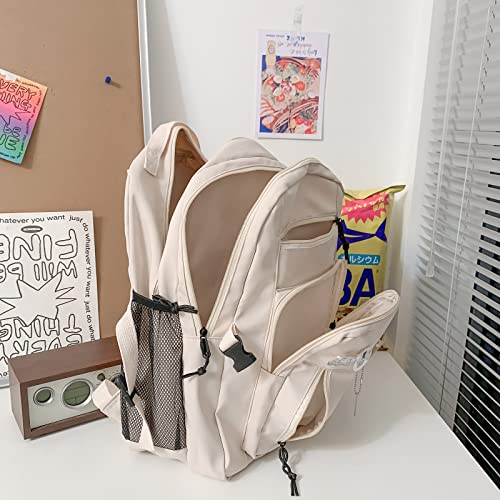GAXOS Cute Aesthetic Backpack for School Middle Student Travel White Backpack Teens Girls Bear Pin Book Bags