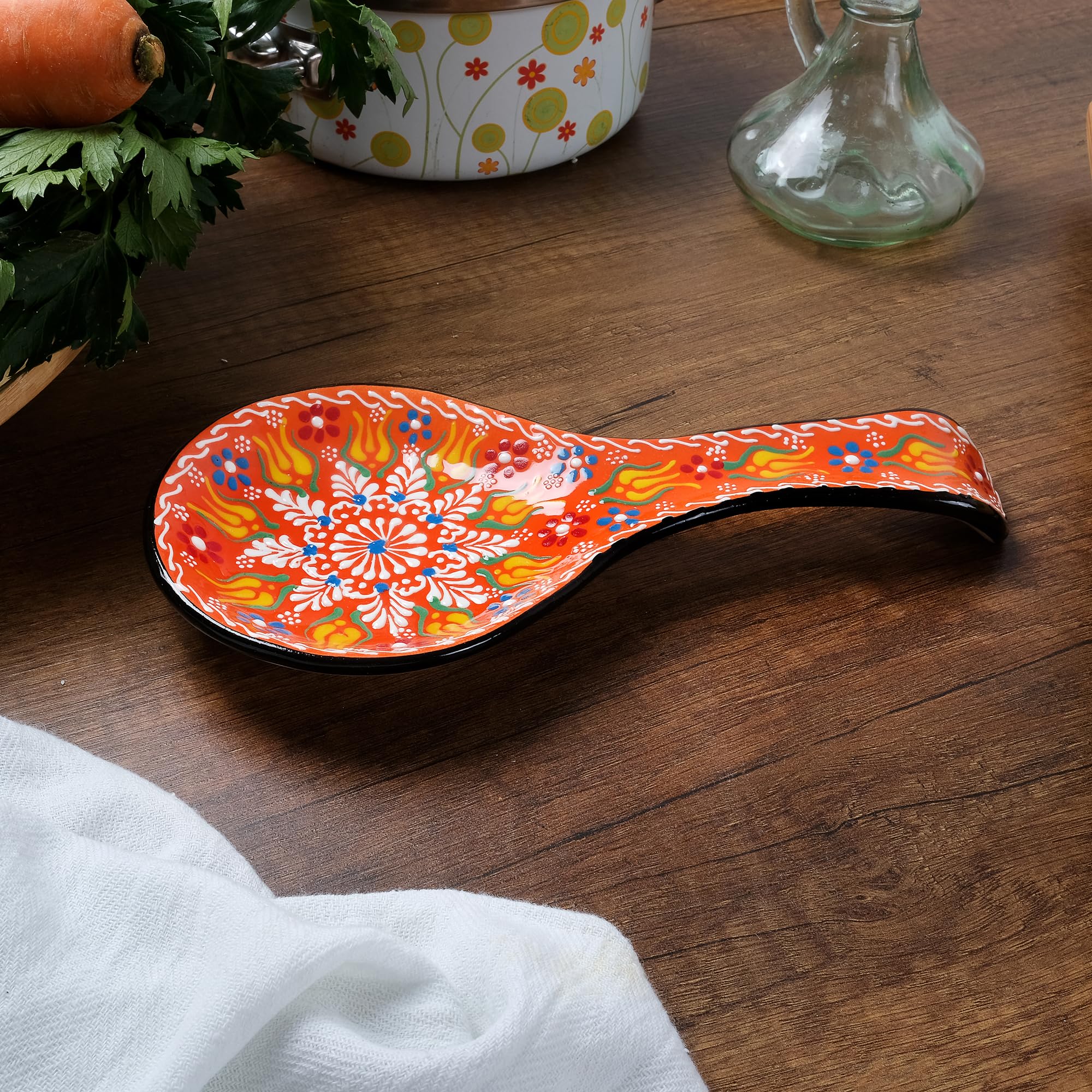 BCS Spoon Rest Set of 2 - Ceramic Spoon Holder for Stovetop & Kitchen Counter - Dishwasher Safe Handmade Kitchen Utensil (Green-Orange 4.5” W x 9" L)