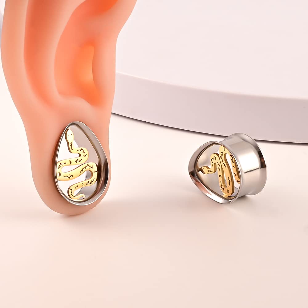 Atomhole 2 Pcs Snake Teardrop Ear Gauges Double Flared Ear Plugs Expander Stretcher Tunnels Piercing Body Jewelry 316 Stainless Steel Ear Gauge Perforated Plug (10mm(00G), Black)