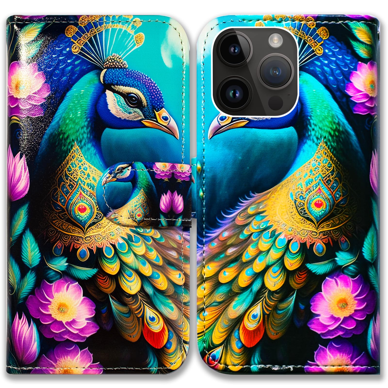 Bcov iPhone 15 Pro Case,Colorful Peacock Mandala Flowers Leather Flip Phone Case Wallet Cover with Card Slot Holder Kickstand for iPhone 15 Pro