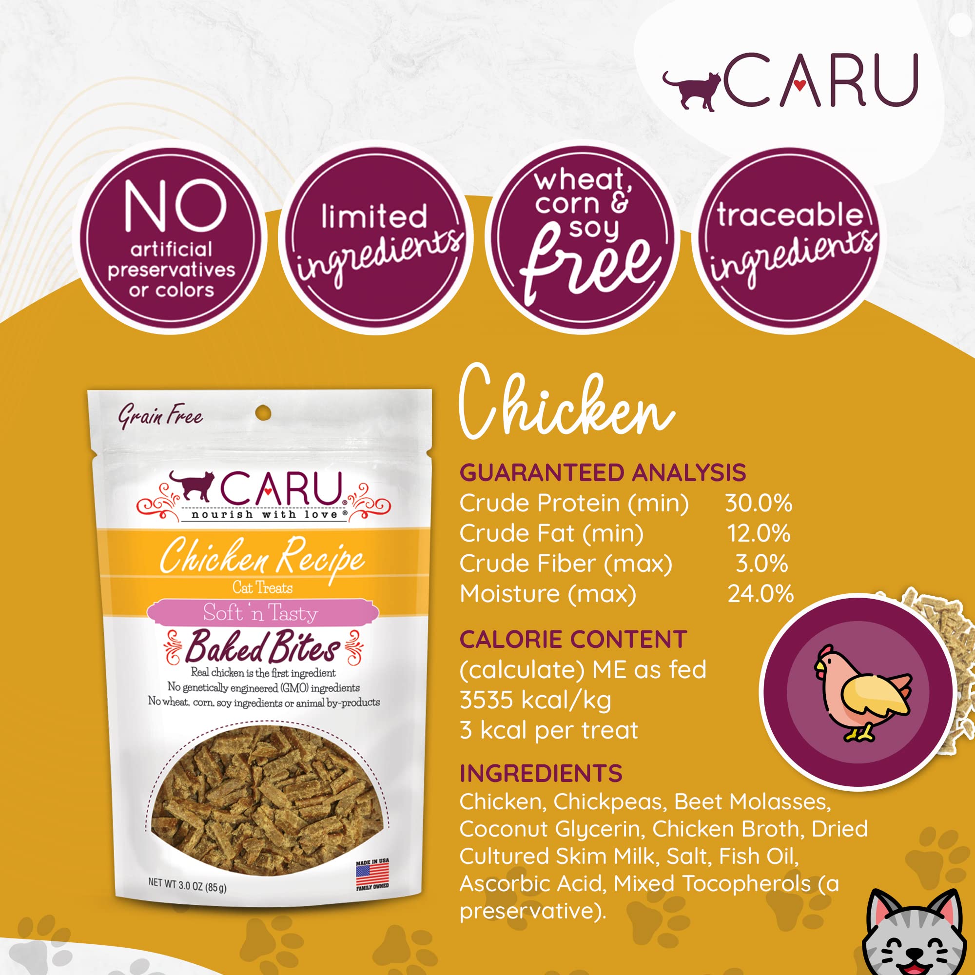 CARU - Soft ‘n Tasty Baked Bites - Chicken Bites Cat Treats - Flavorful All-Natural Treats - 3 oz.