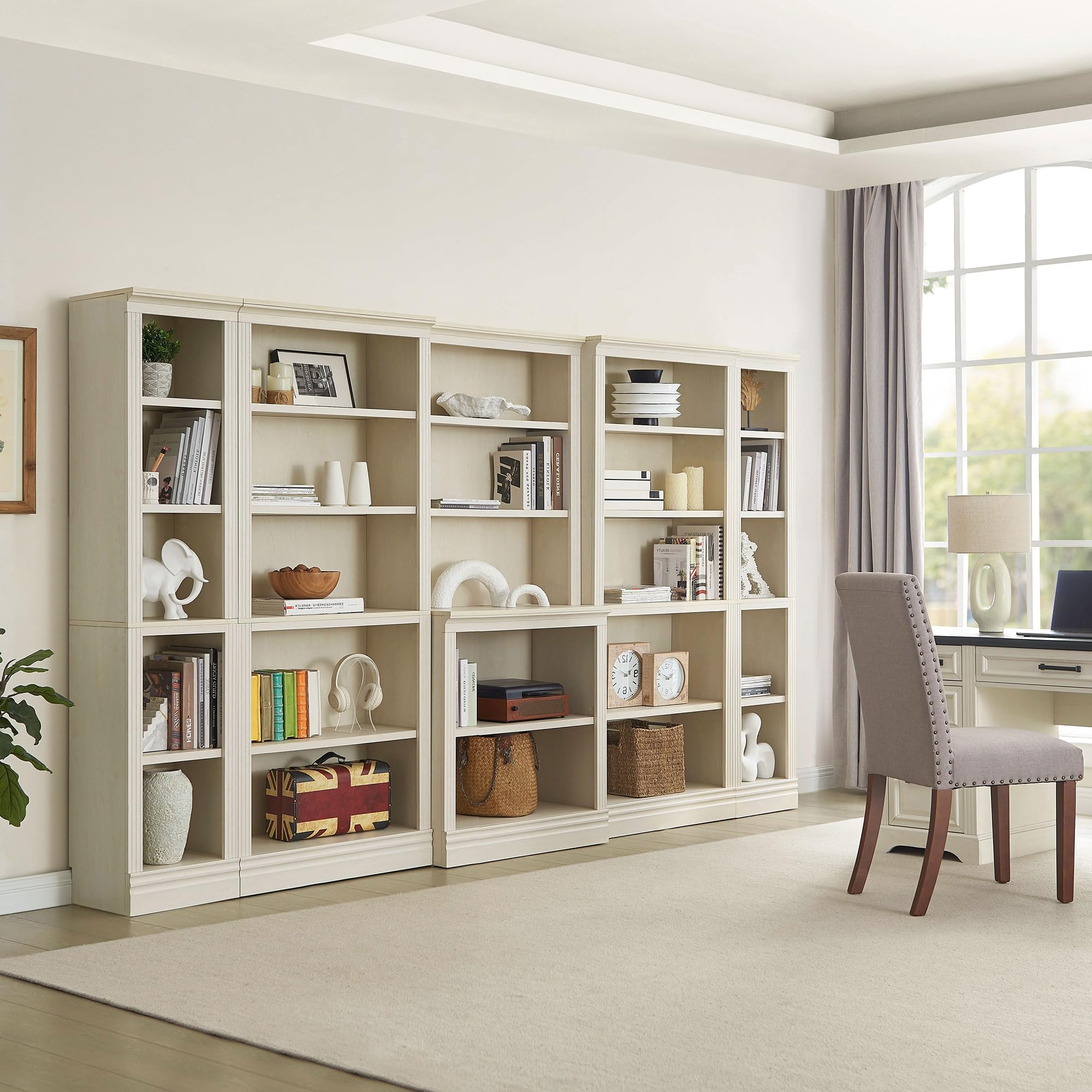 JAHRSTIM Multi-Depth Bookshelves and Bookcase Floor Standing 5 Tier Display Shelves Organizer and Storage, 72in Tall Bookshelf for Home Office, Living Room, Bed Room, Kitchen, Cream