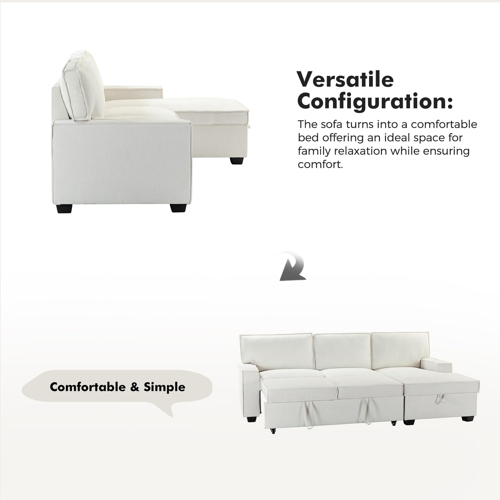 HULALA HOME Modern Sectional Sleeper Sofa, 3-seat L-Shaped Wide Couch with Storage Chaise, Pull Out Sleeper for Small Space, Living Room, Apartment and Office(White)
