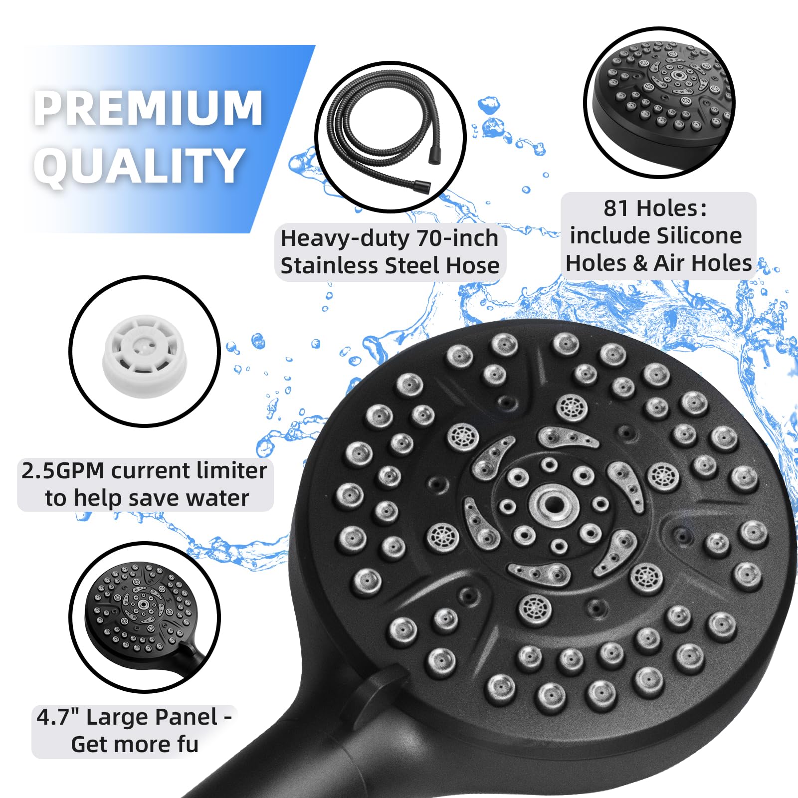 CABONG High Pressure Handheld Showerheads 4.7" Large, 70" SS Hose 10-Mode Portable Detachable Shower Head with Hard Water Filter for Bathroom, Anti-clog & Powerful to Clean Tile & Pets,Matte Black