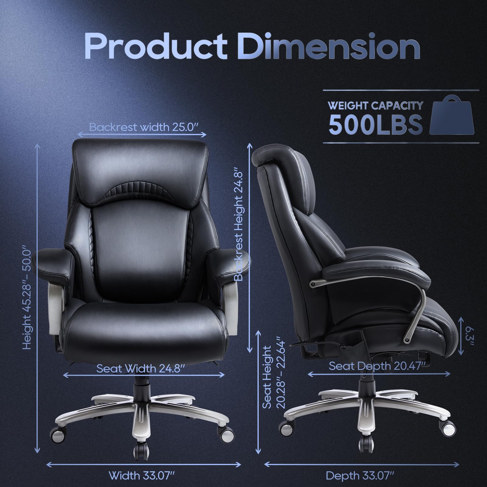 Big and Tall Office Chair 500lbs-Heavy Duty Executive Computer Desk Chair, Ergonomic Chair with Adjustable Lumbar Support and Headrest-Black