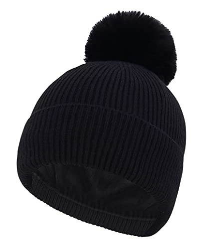 Arctic Paw Kids Beanie Todddler Pom Pom Hat Boys Girls Warm Lined Knit Winter Hat_Black