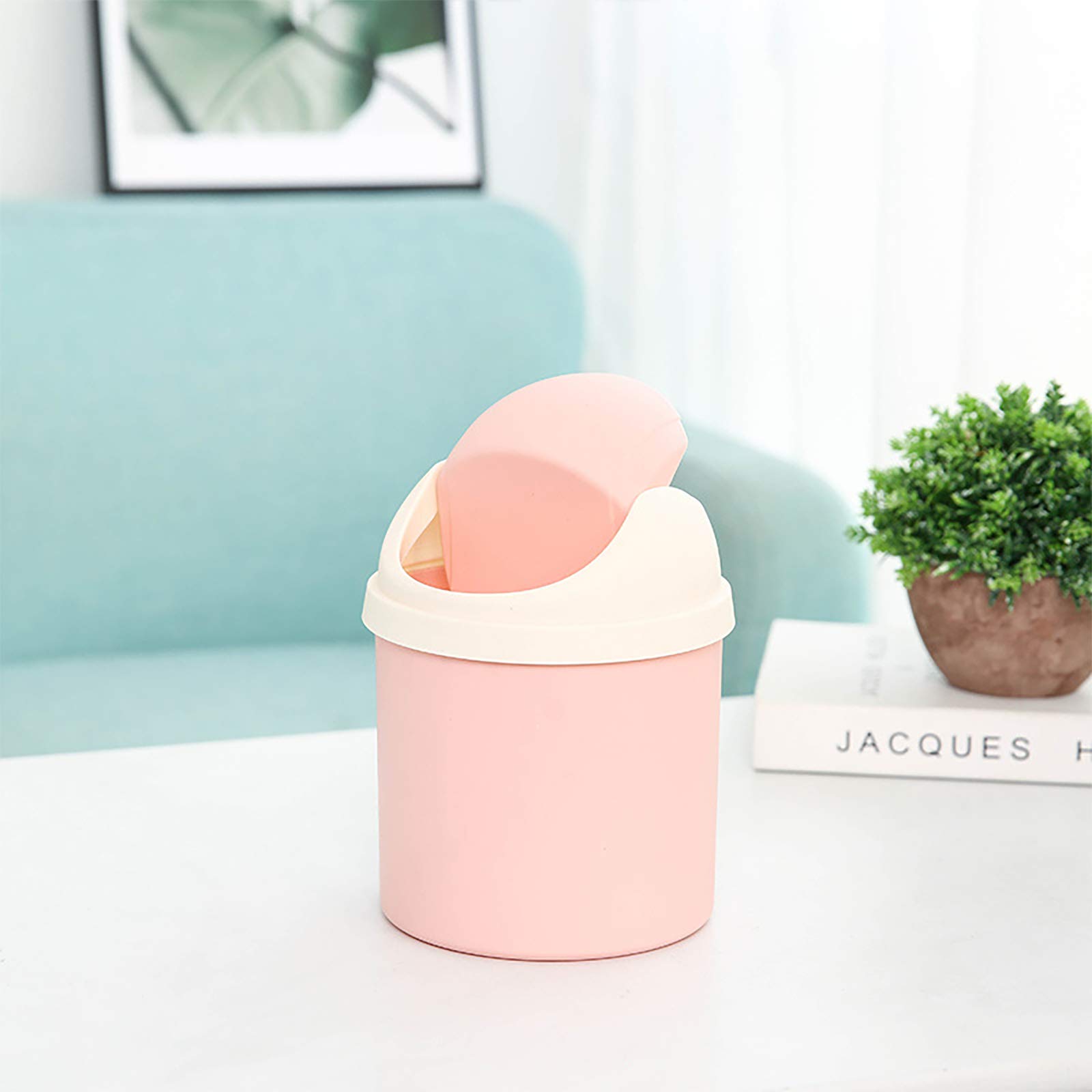 Desktop Mini Plastic Waste Garbage Can with Lid, Stylish Countertop Trash Bin Table Waste Paper Basket Round Small Trash Can for Office Bathroom Children Bedroom, Pink