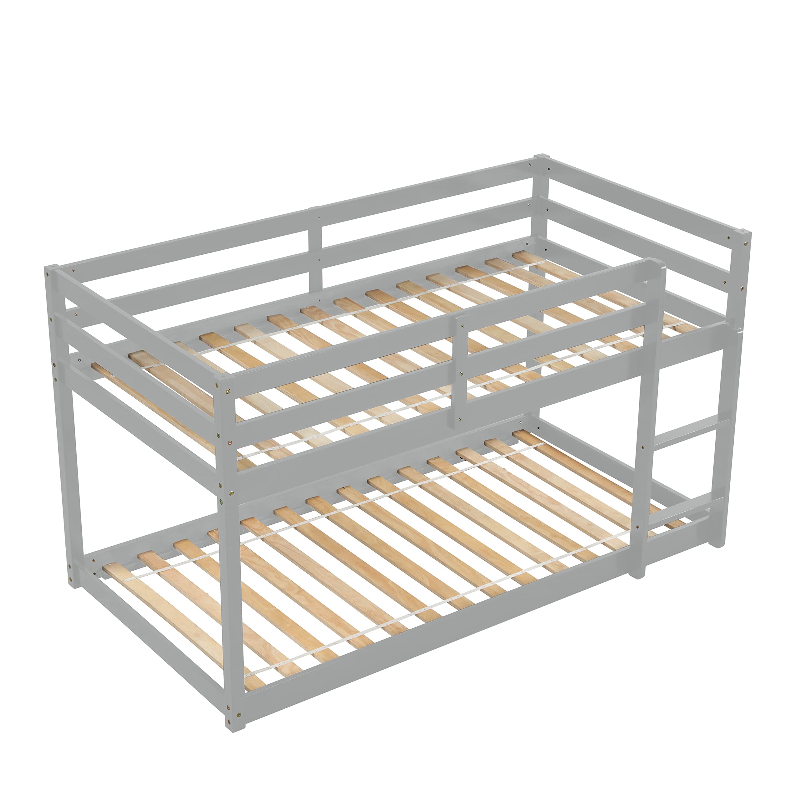 ZJIAH Solid Wood Twin Over Twin Floor Bunk Bed w Ladder, Safety Guard Rails, Wooden Twin Bunk Beds for Teens/Adults, Low Bed Frame Bedroom Furniture, No Spring Box Required
