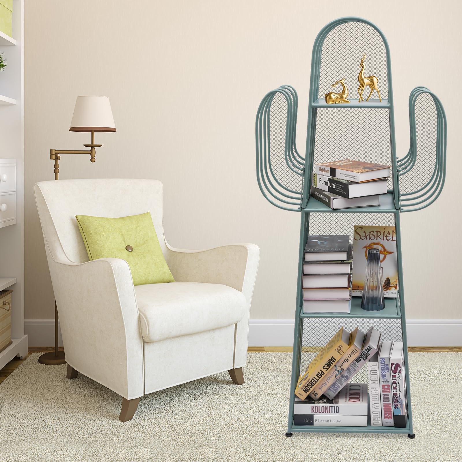 Cactus Bookshelf, 4 Tier Freestanding Cactus Shape Metal Hollow-Out Bookshelfs, Creative Book Storage Shelf Organizer for Small Space Green Cactus Bookcase for Home Living Room Bedroom (Green)