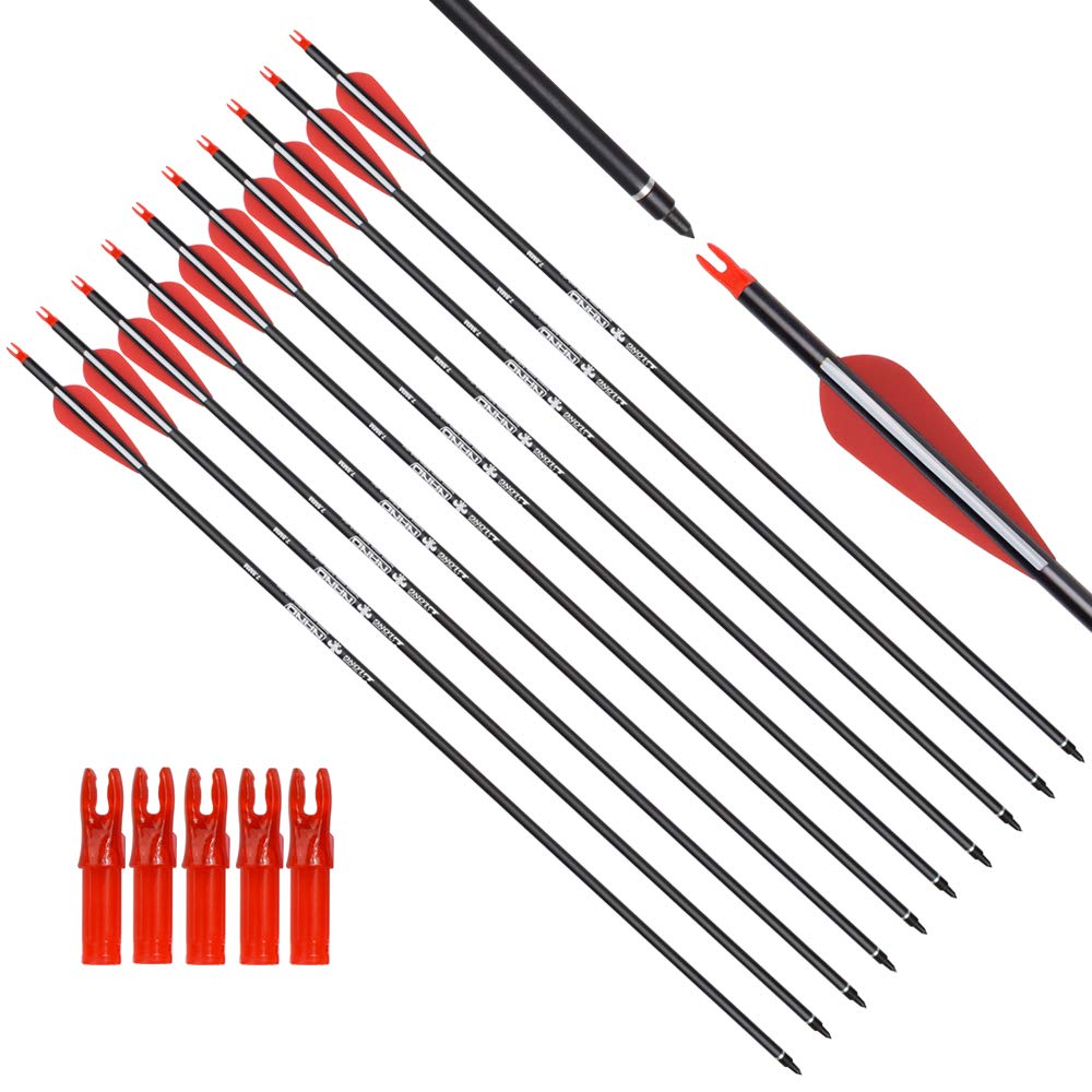 Archery Carbon Arrow Hunting Target Practice Arrows 28 Inch with Removable Tips for Compound & Recurve Bow Spine 500 12PCS