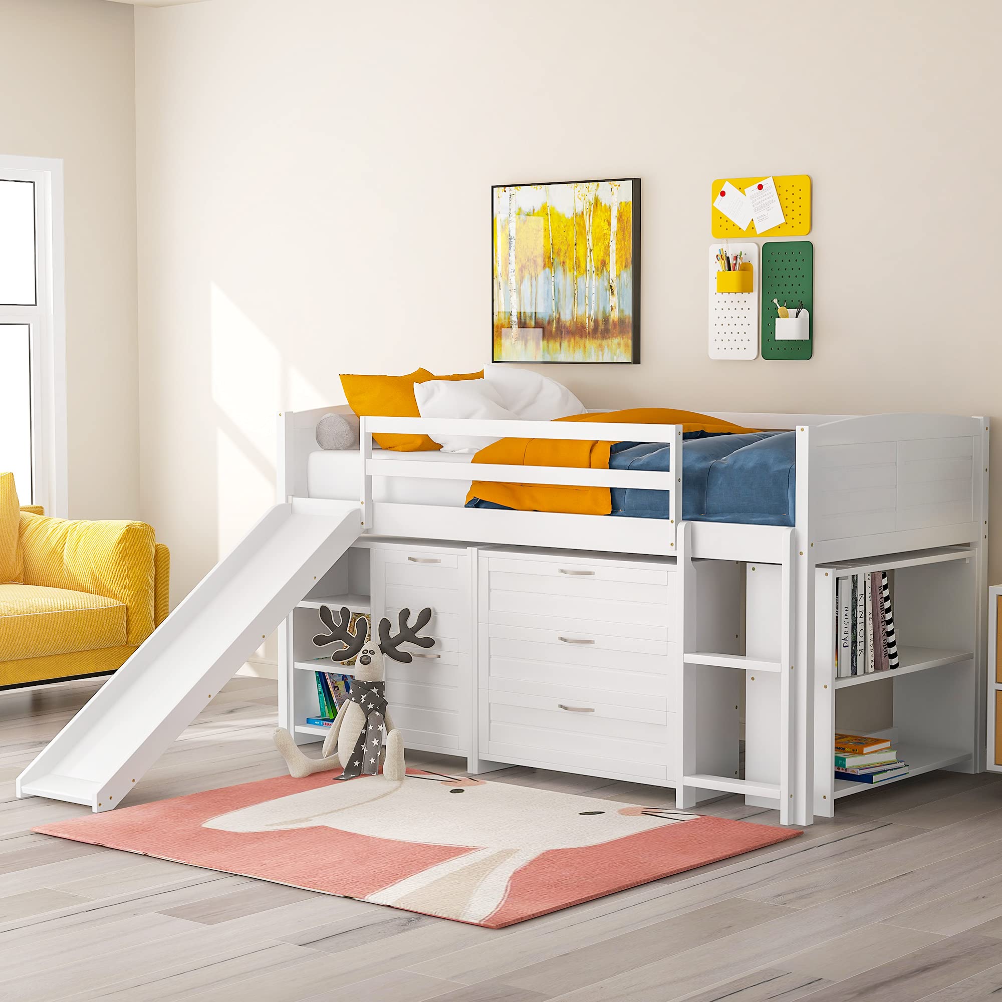 Harper & Bright Designs Twin Loft Bed with Slide and Storage, Solid Wood Low Loft Bed with Attached Bookcases and Separate 3-tier Drawers, for Kids Girls Boys (White)