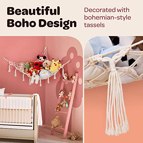 ParentsEasy Macrame Stuffed Animal Hammock & Net β Cotton Toy & Pet Hanging Plushie Storage with Screw-In & Adhesive Hooks β Stuffed Animal Hammock, Plastic Chain, & Clips β Toy Net Plush Storage