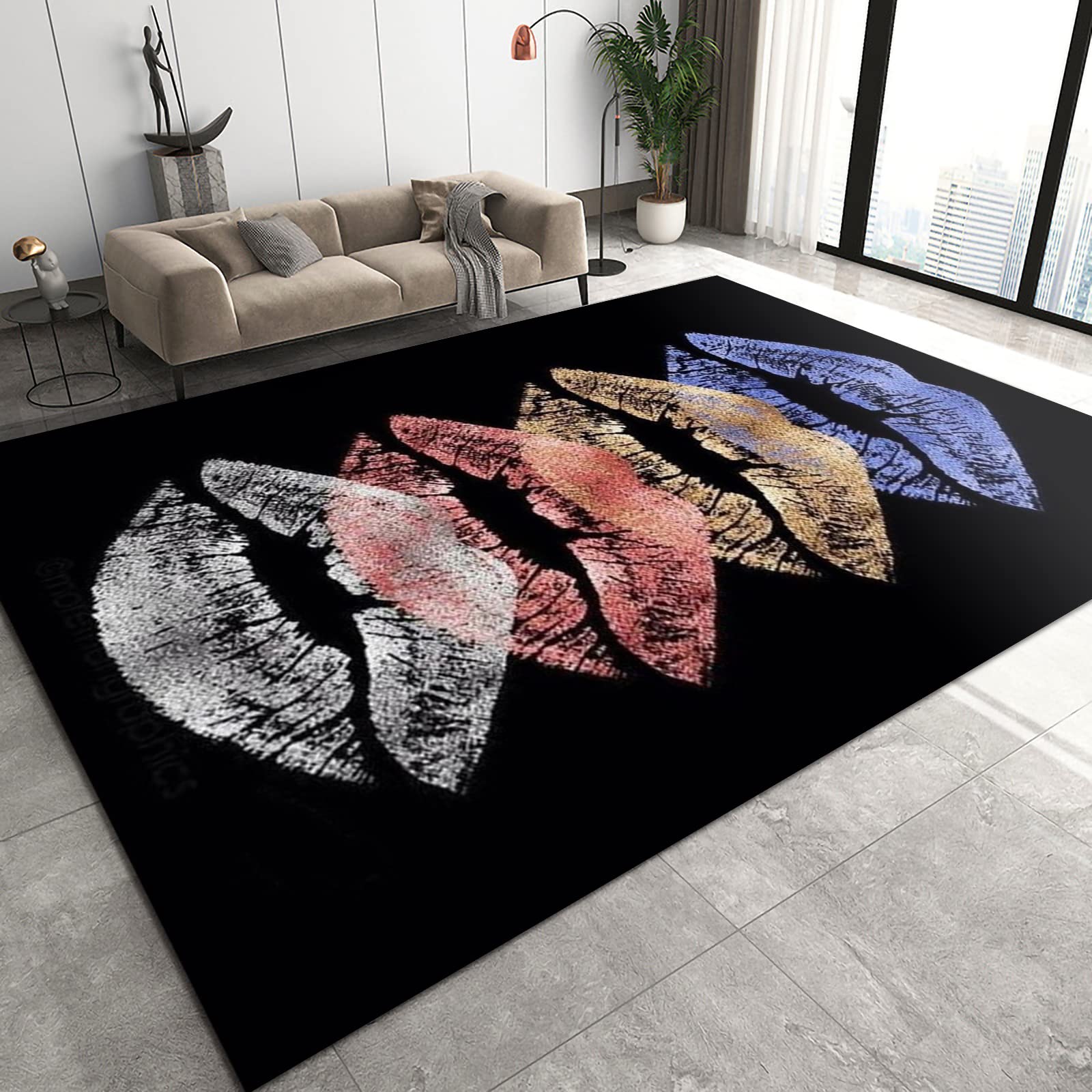 Colored Lips Lip Prints Area Rugs, Black Background Red Blue Fashion Creative Non-Slip Mat, Carpet Mat Soft and Comfortable Bright Color Apply to Bedroom Living Room Farmhouse,4Ă6ft/120 * 180cm