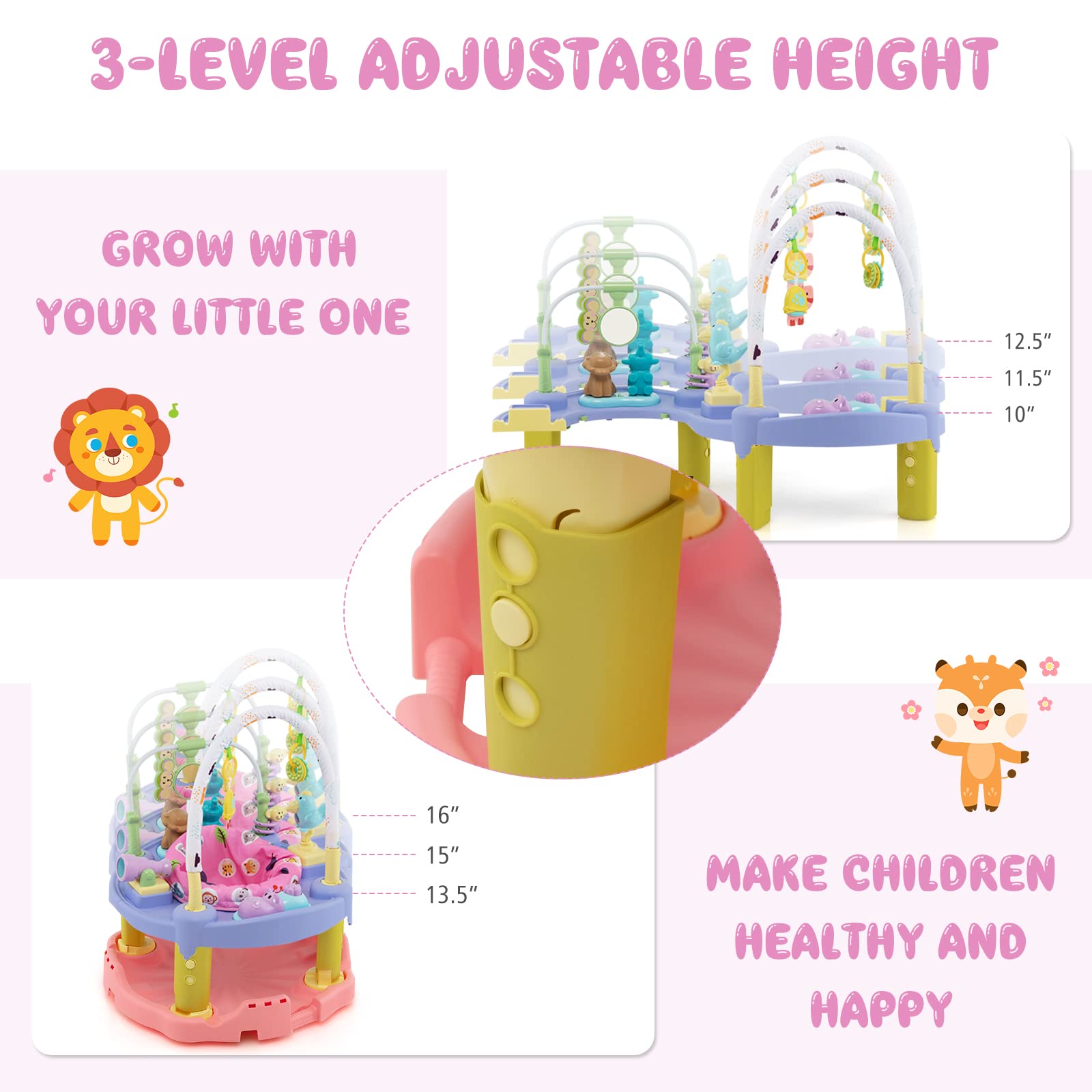 BABY JOY Baby Bouncer Activity Center, 3 in 1 Activity Center & Table | Infant Play Mat, Bouncing Activity Saucer w/Music, 3 Adjustable Height, 360° Seat, Exersaucer for Babies 0-24 Months (Pink)