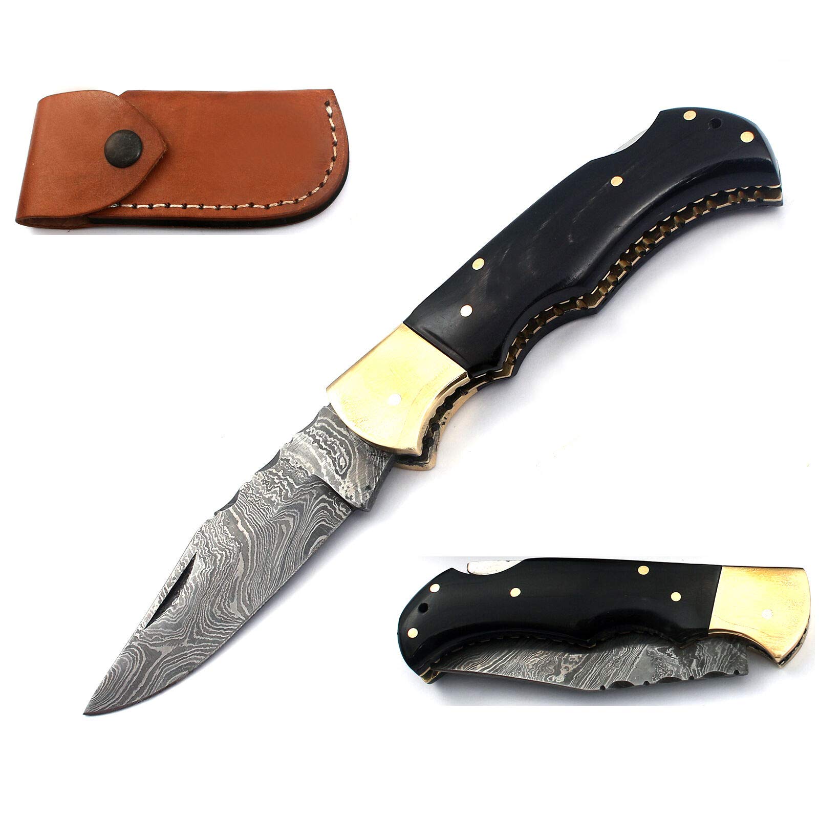 Beautiful 6.5'' Damascus Steel Brass Bloster Folding Knife Back Lock with Buffalo Horn Handle H-05