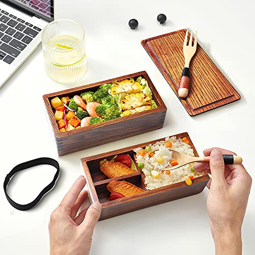 Wood Bento Box, Lunch boxes, Japanese Traditional Natural Square Wooden Lunch Containers Women's Men's Adult Wood Bento Box with Spoon Fork kit