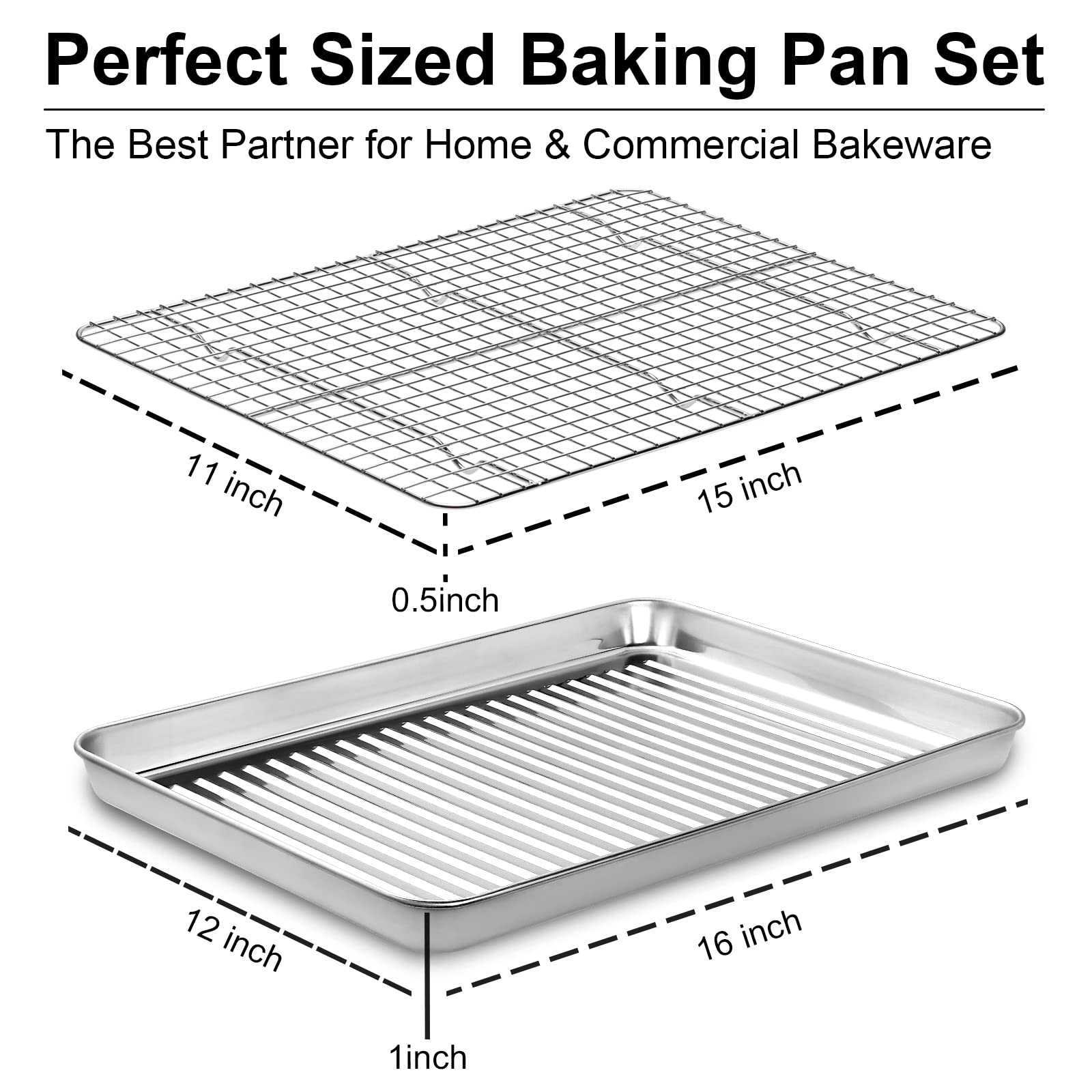Baking Half Sheet with Rack Set (2 Pans + 2 Racks), Size 16 x 12 x 1 Inches, AIKWI Stainless Steel Cookie Pan with Cooling Rack for Oven, Nonstick Bakeware, Easy Clean & Heavy Duty