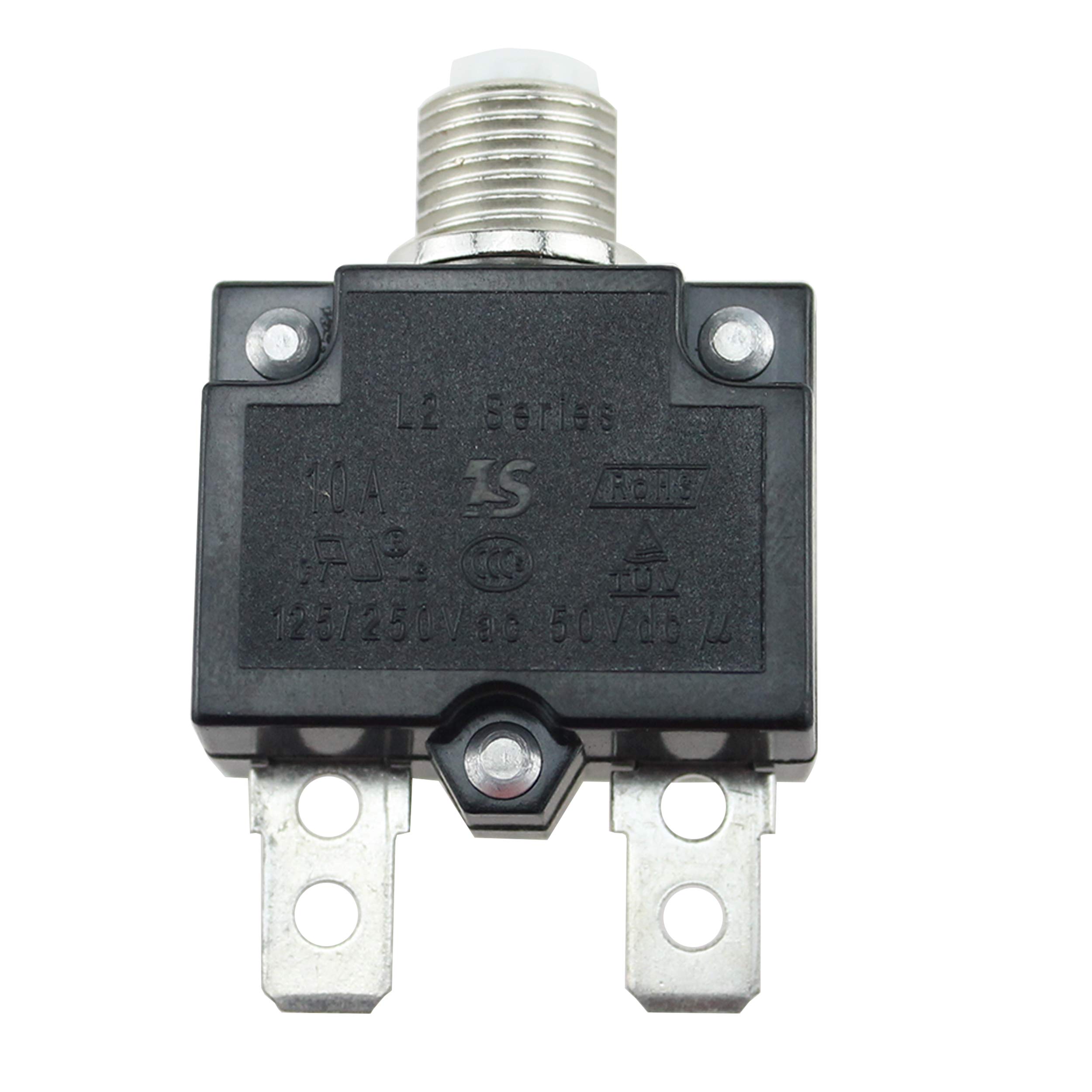ZOOKOTO 2PCS 10A DC50V AC125-250V Push Button Reset Circuit Breakers with Quick Connect Terminals and Waterproof Button Black Cap