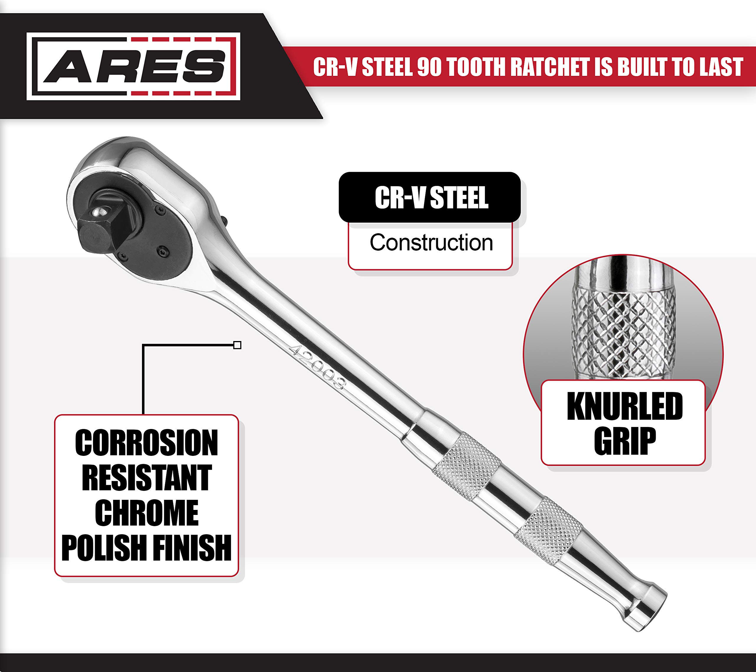 ARES 42000-3-Piece 90-Tooth Full Polish Ratchet Set - Chrome Vanadium Steel Construction & Chrome Plated Finish - Reversible Design - 4 Degree Swing - Ratcheting Tool Set