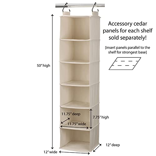 Household Essentials Cedarline 6-Shelf Hanging Closet Organizer, Heavy-Duty Cotton Canvas, Breathable, Versatile, Compact, Perfect for Rod or Wire Closets, Natural