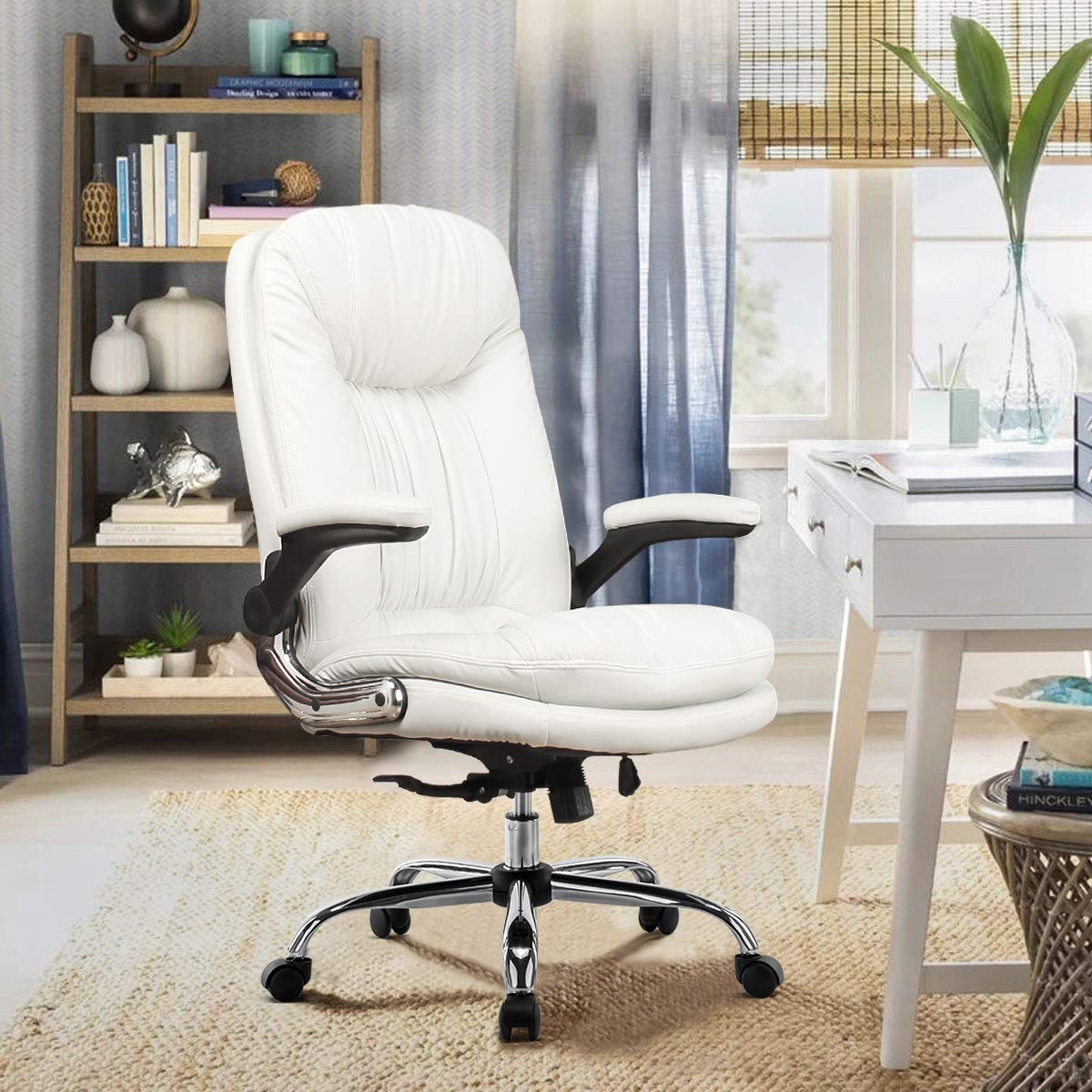 B2C2B Ergonomic Office Chair High Back Desk Chair with Flip-Up Arms and Comfy Thick Cushion Leather Computer Chair White Big and Tall 350lb Weight Capacity