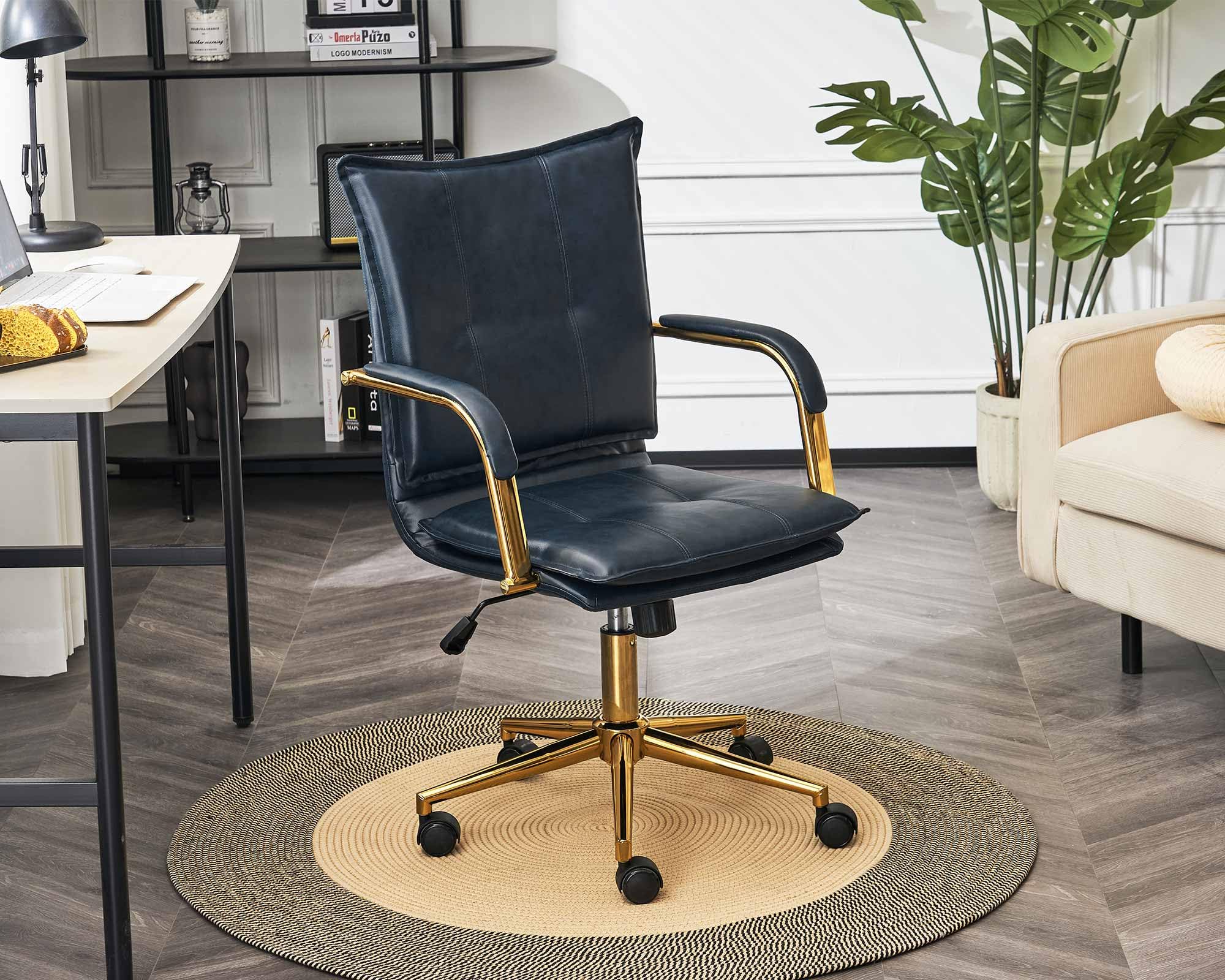MOJAY Mid-Back Ergonomic Leather Office Chair, Modern Upholstered Executive Desk Chair with Gold Frame Armrest Computer Task Chair (DarkBlue)