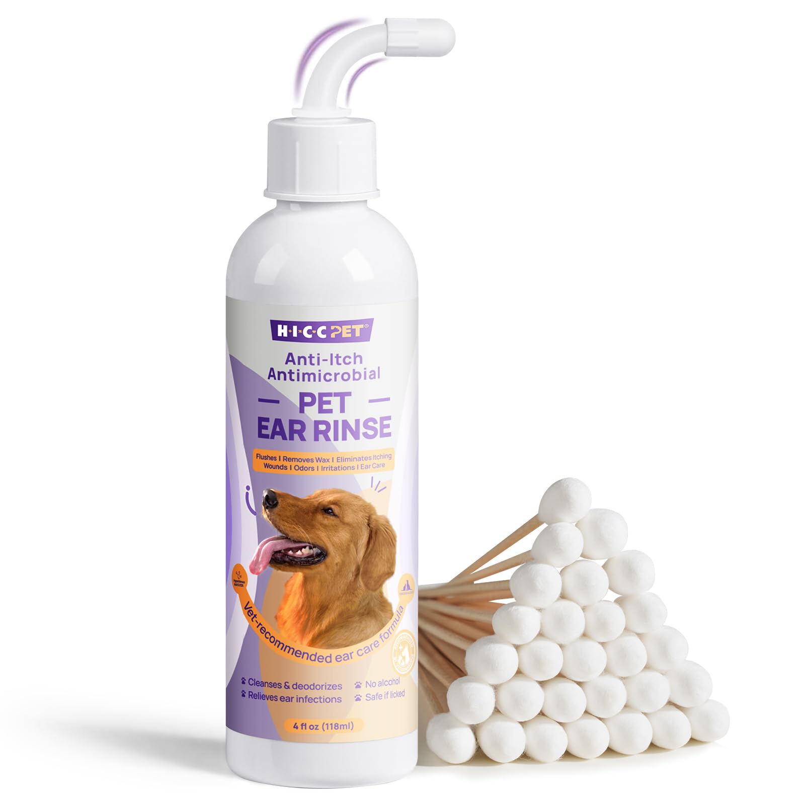 HICC PET Dog Ear Cleaner - Dog Ear Inflammation Therapy with 0.012% Hypochlorous Acid for Itch Relief, Soothe Ear Inflammation, Removes Wax, Odor, with 30 Cotton Swabs, 4 Fl oz