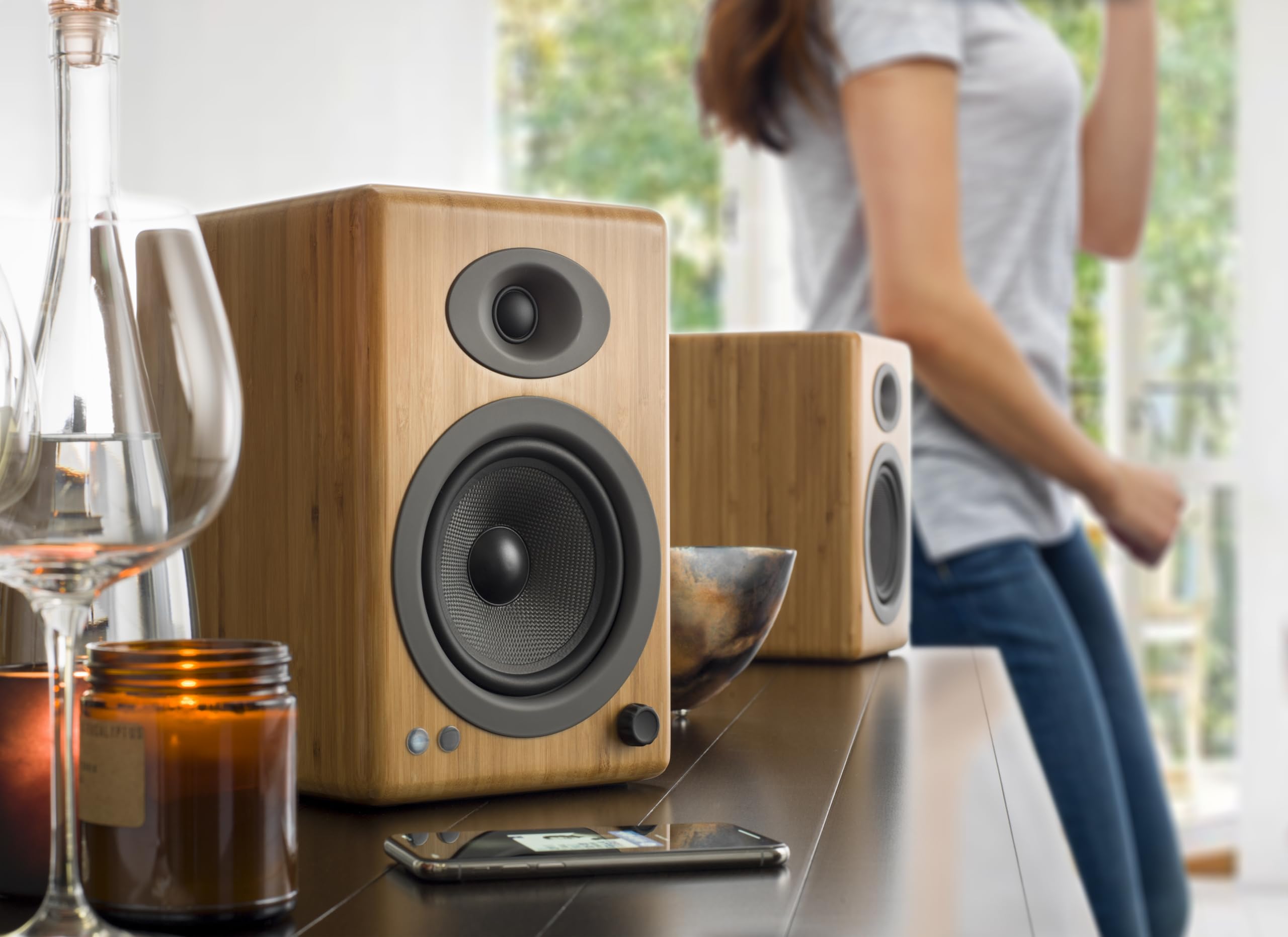 Audioengine A5 Powered Wired Bamboo Bookshelf Speakers - 150W Stereo Speakers for Home, Studio